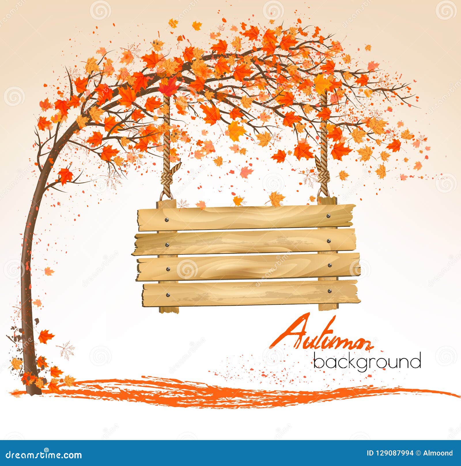 Autumn Nature Background with a Tree and a Wooden Sign. Stock Vector ...