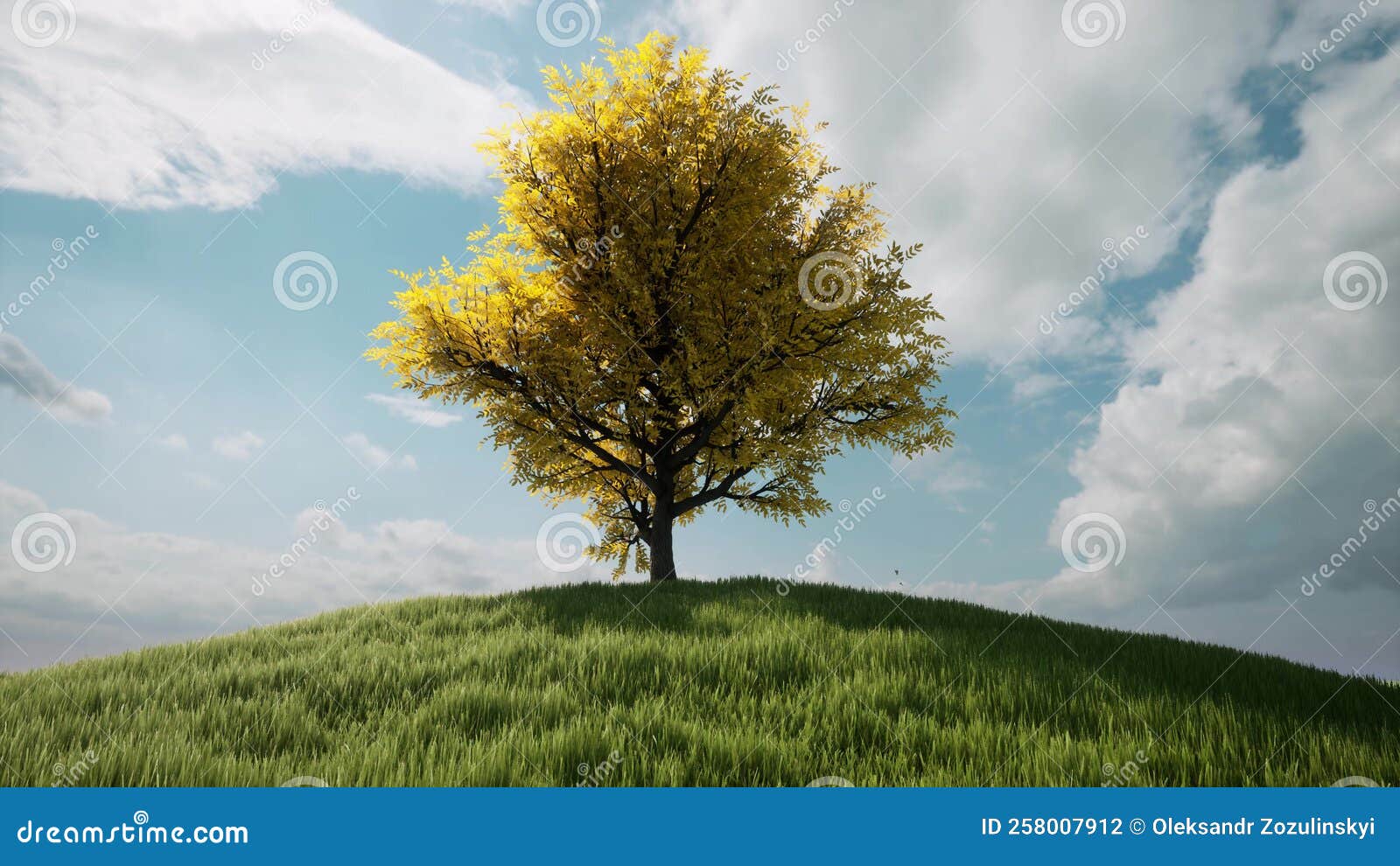Autumn One Tree Hill Cloud Motion Nature Landscape Rural Scene 3d Stock ...