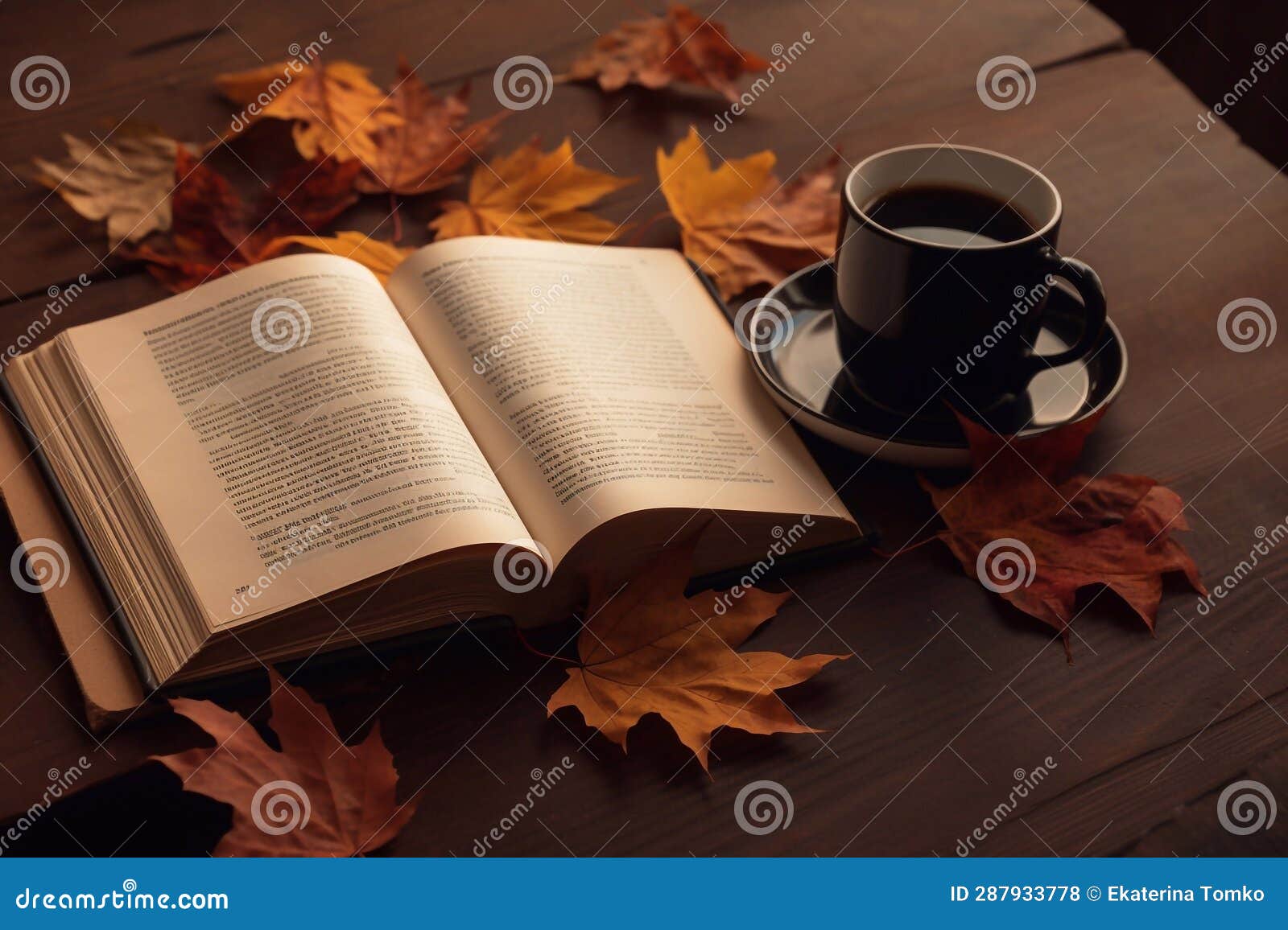 Autumn. Open Book. a Cup of Tea, Cocoa. Autumn Fallen Leaves Leaves ...