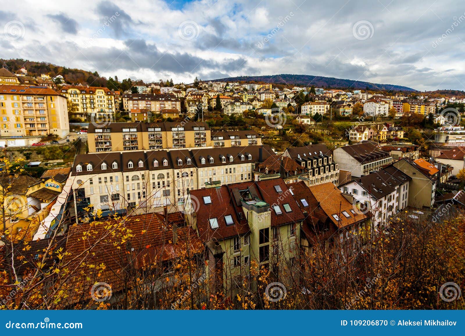 Autumn Panorama of Neuchatel in Switzerland Side View Stock Photo ...