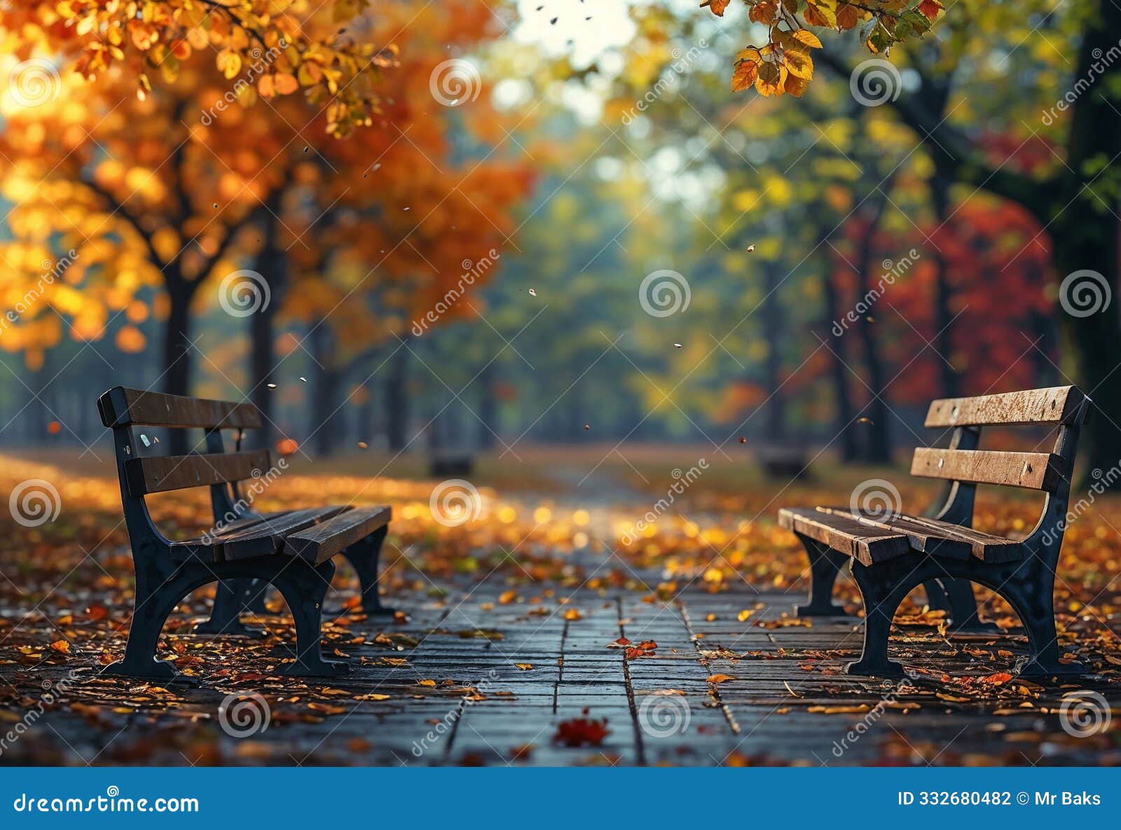 Autumn Park Bench with Fallen Leaves and Trees in Background Stock ...