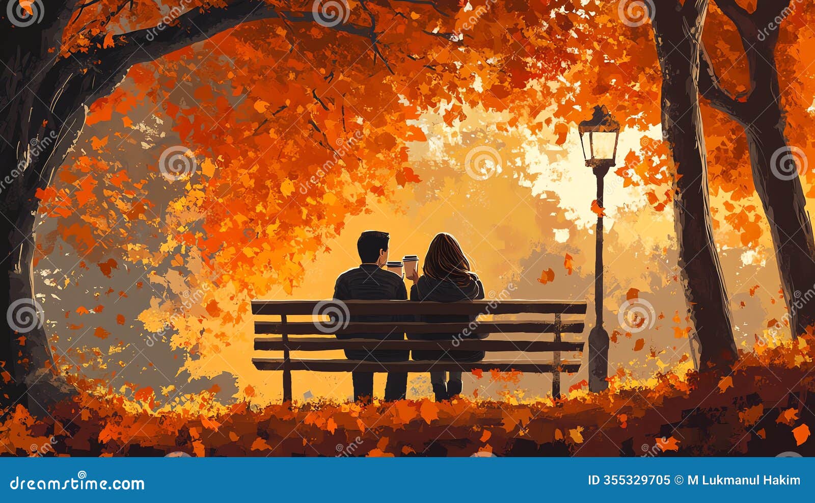 Autumn Park Bench Illustration: Couple Enjoying Fall Stock Image ...