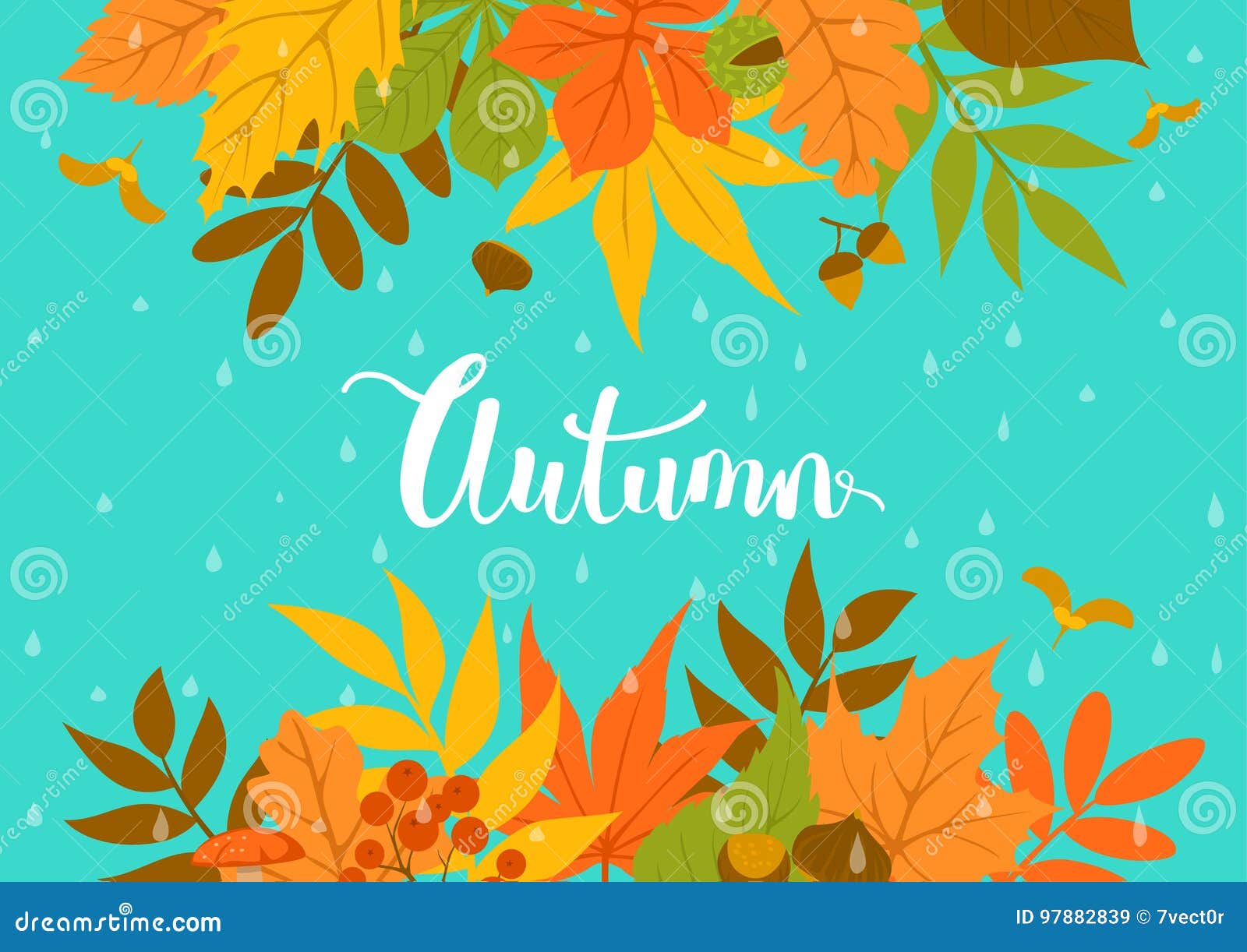 Autumn Park Leaves Header Border Background on Blue Texture with Rain ...