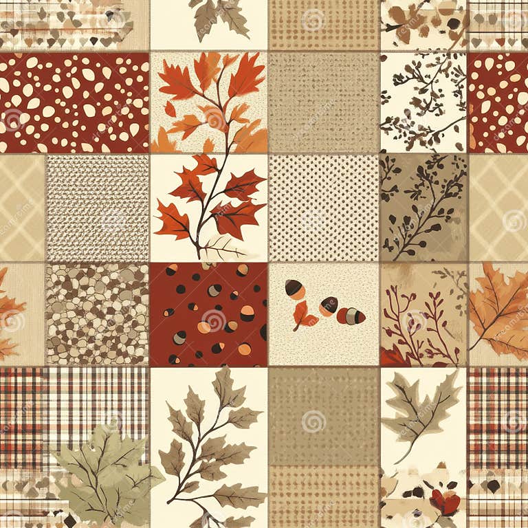 Autumn Patchwork Quilt Pattern Background with Fall Leaves Motifs Stock ...