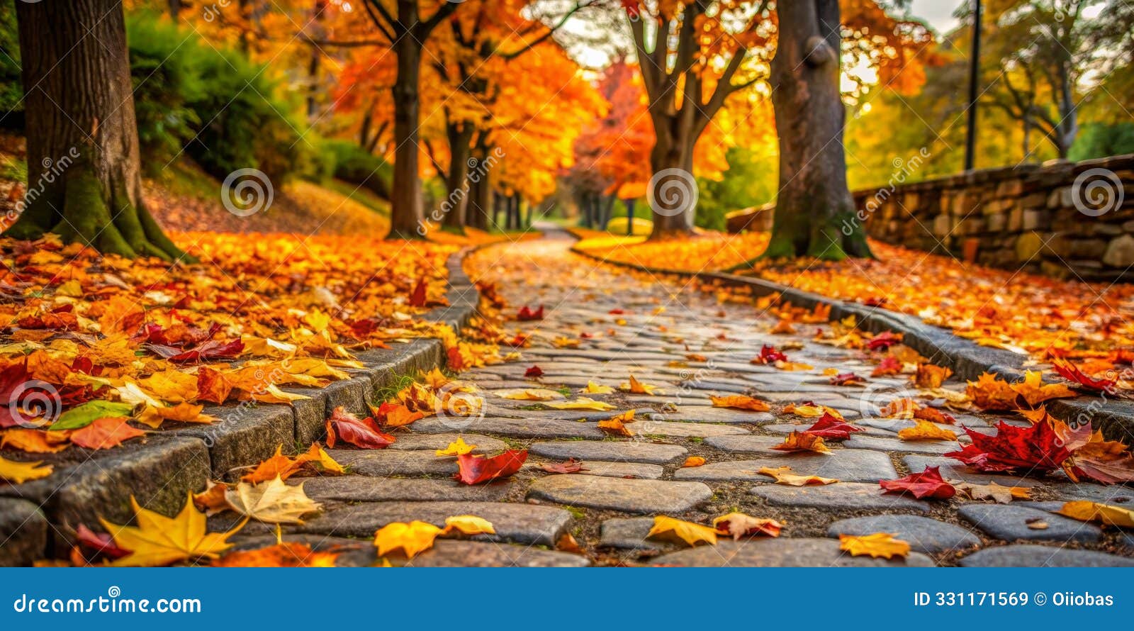 Autumn Path - Cobblestone Pathway through Fall Foliage in a Park Stock ...