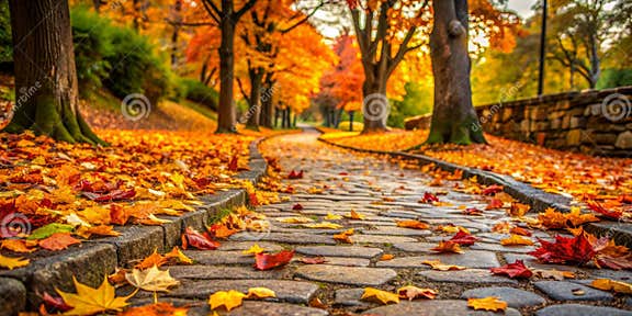 Autumn Path - Cobblestone Pathway through Fall Foliage in a Park Stock ...