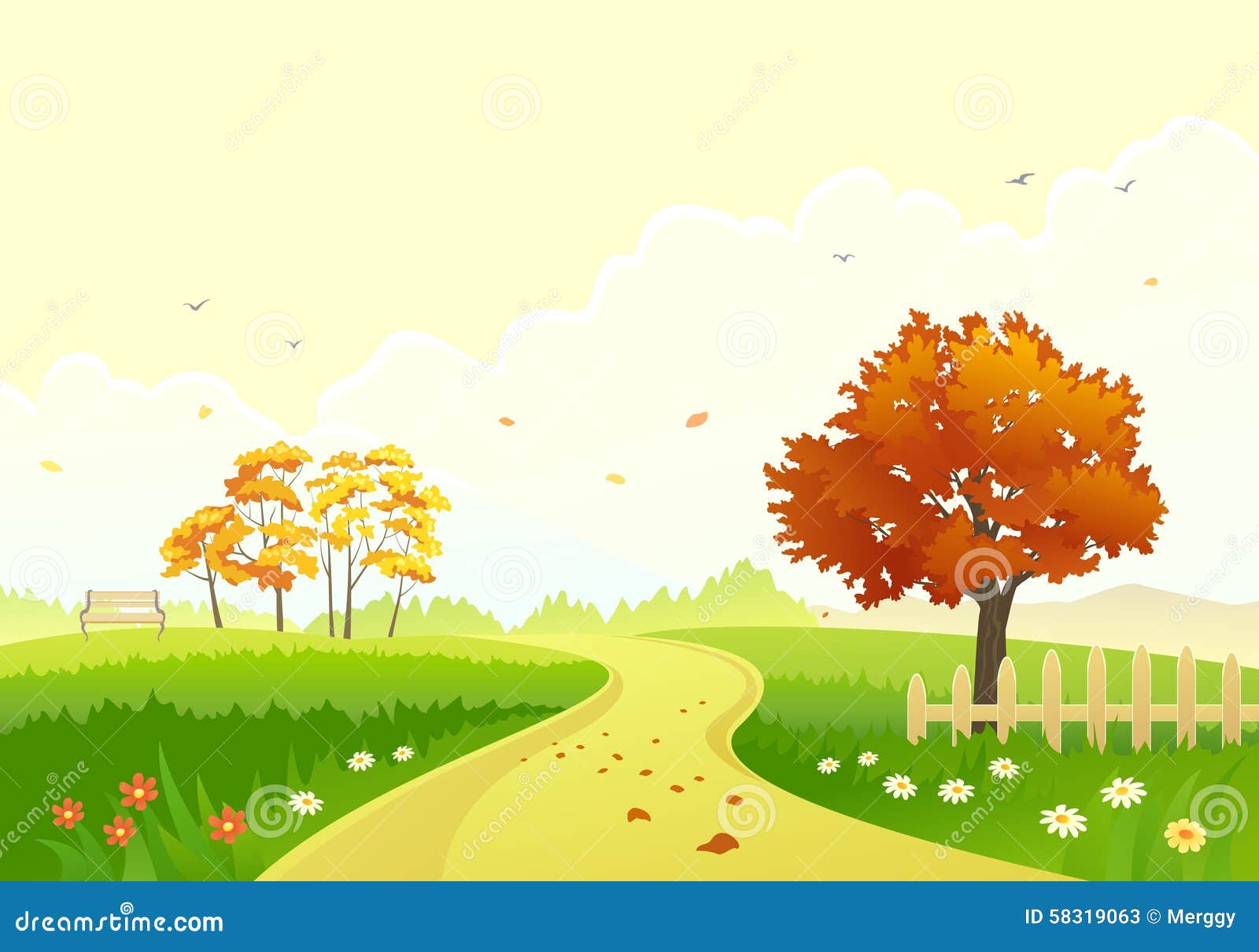 Autumn path stock vector. Illustration of copy, bench - 58319063