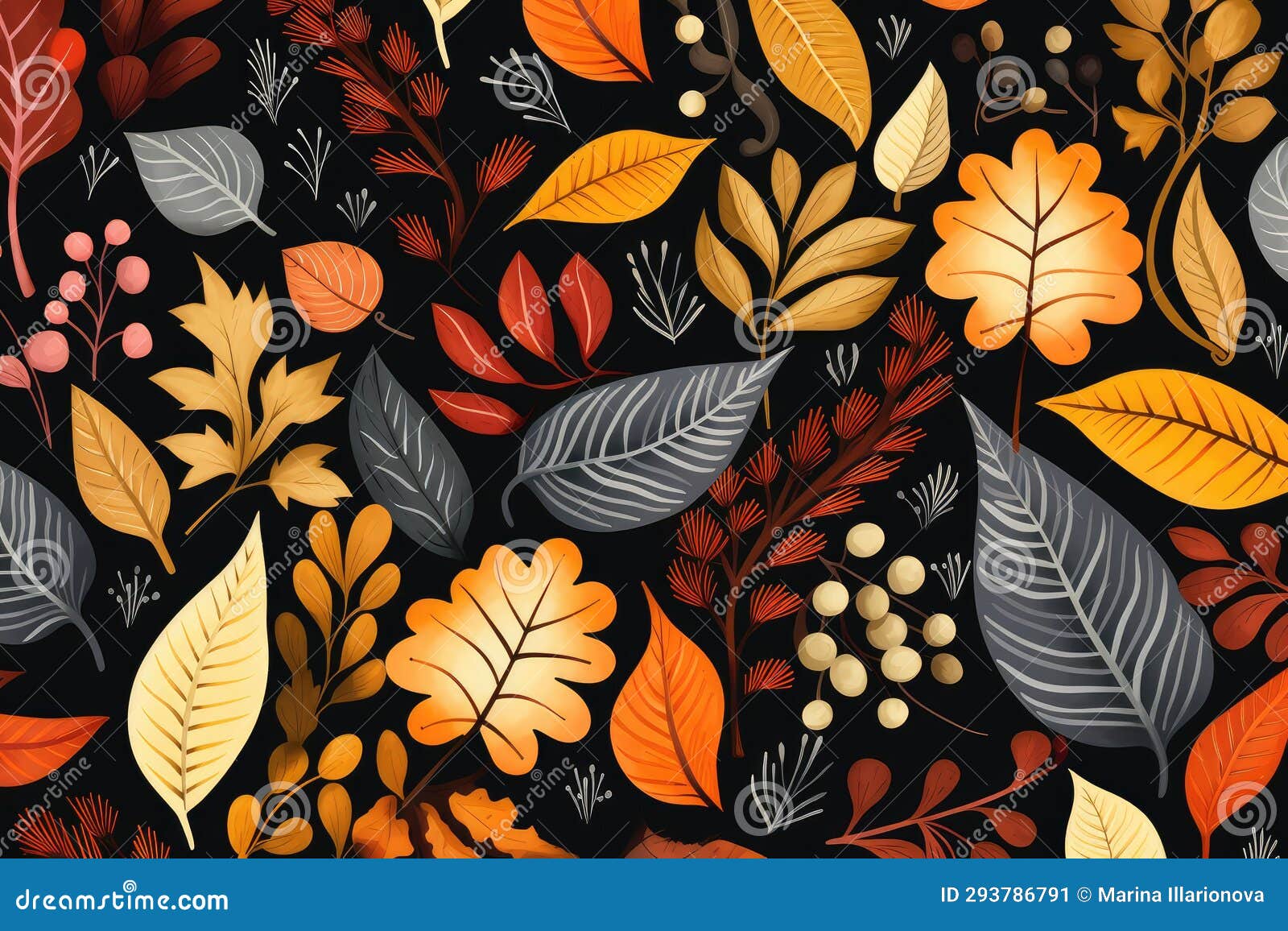 Autumn Pattern with Leaves, on Black Background. Generative AI Stock ...