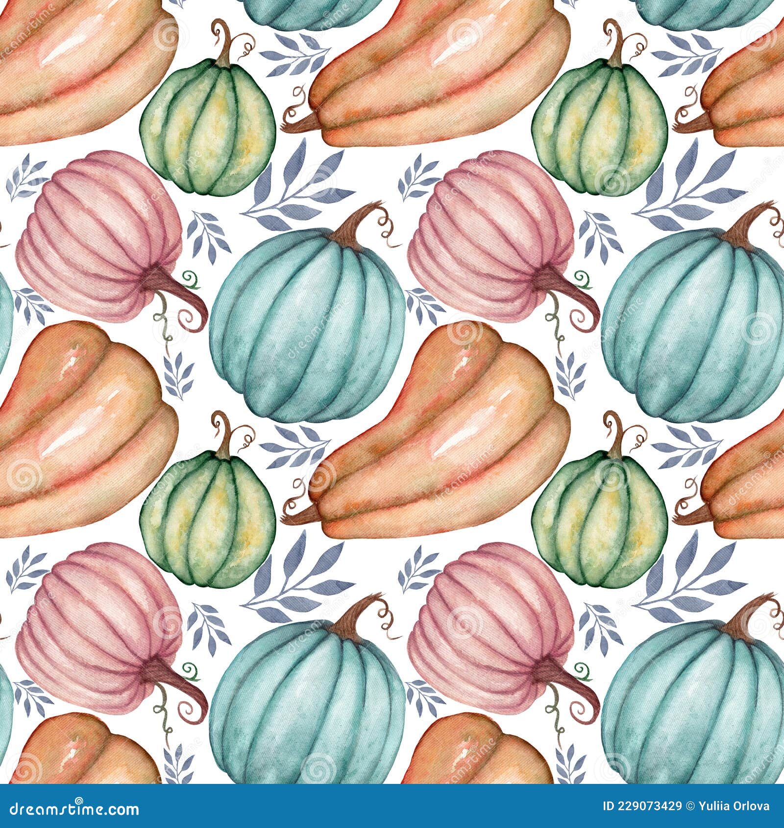 Autumn Pattern with Multi-colored Pumpkins and Leaves on a White ...