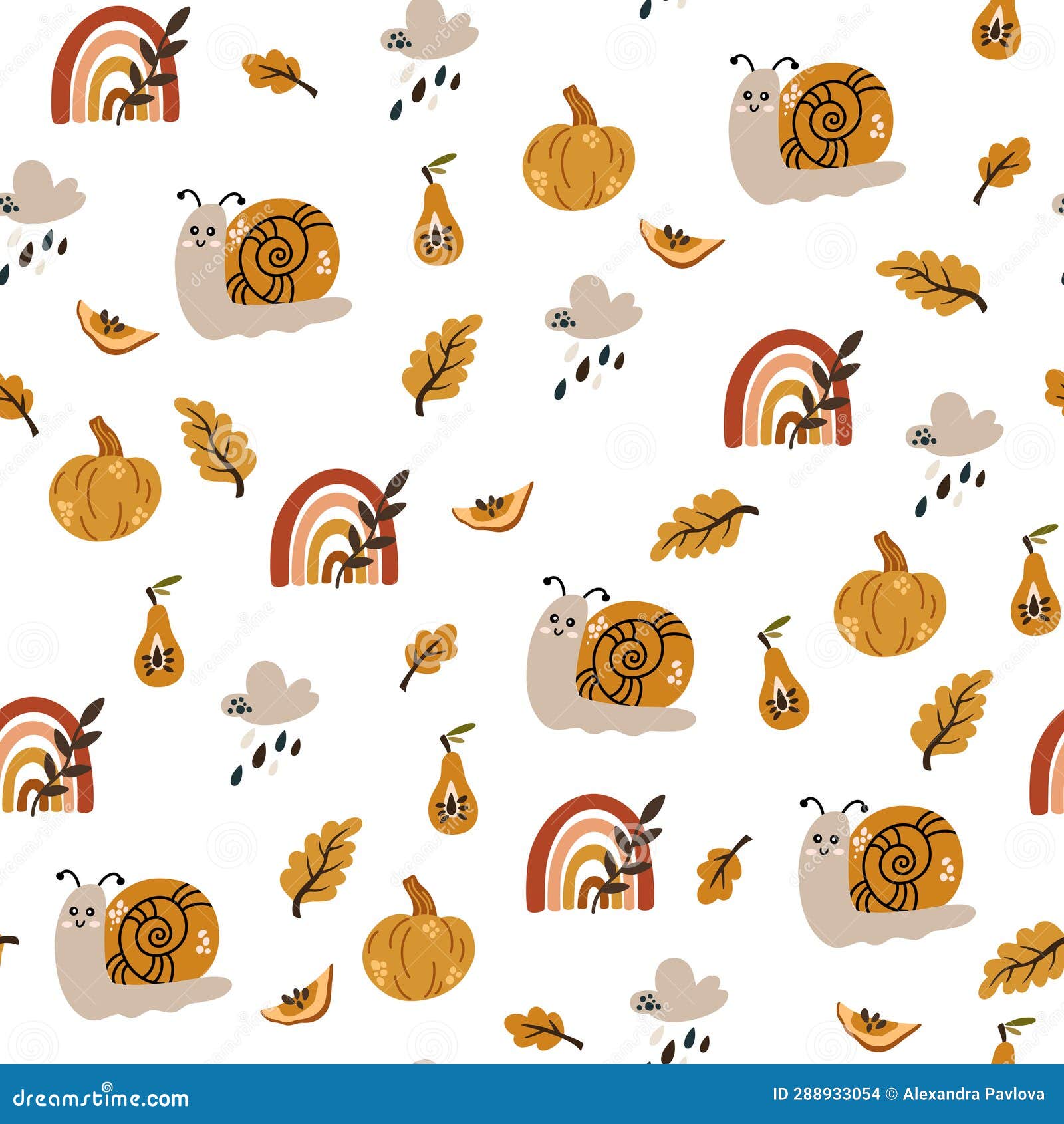 Autumn Pattern with Snails, Rainbow, Clouds with Rain, Fruits and ...
