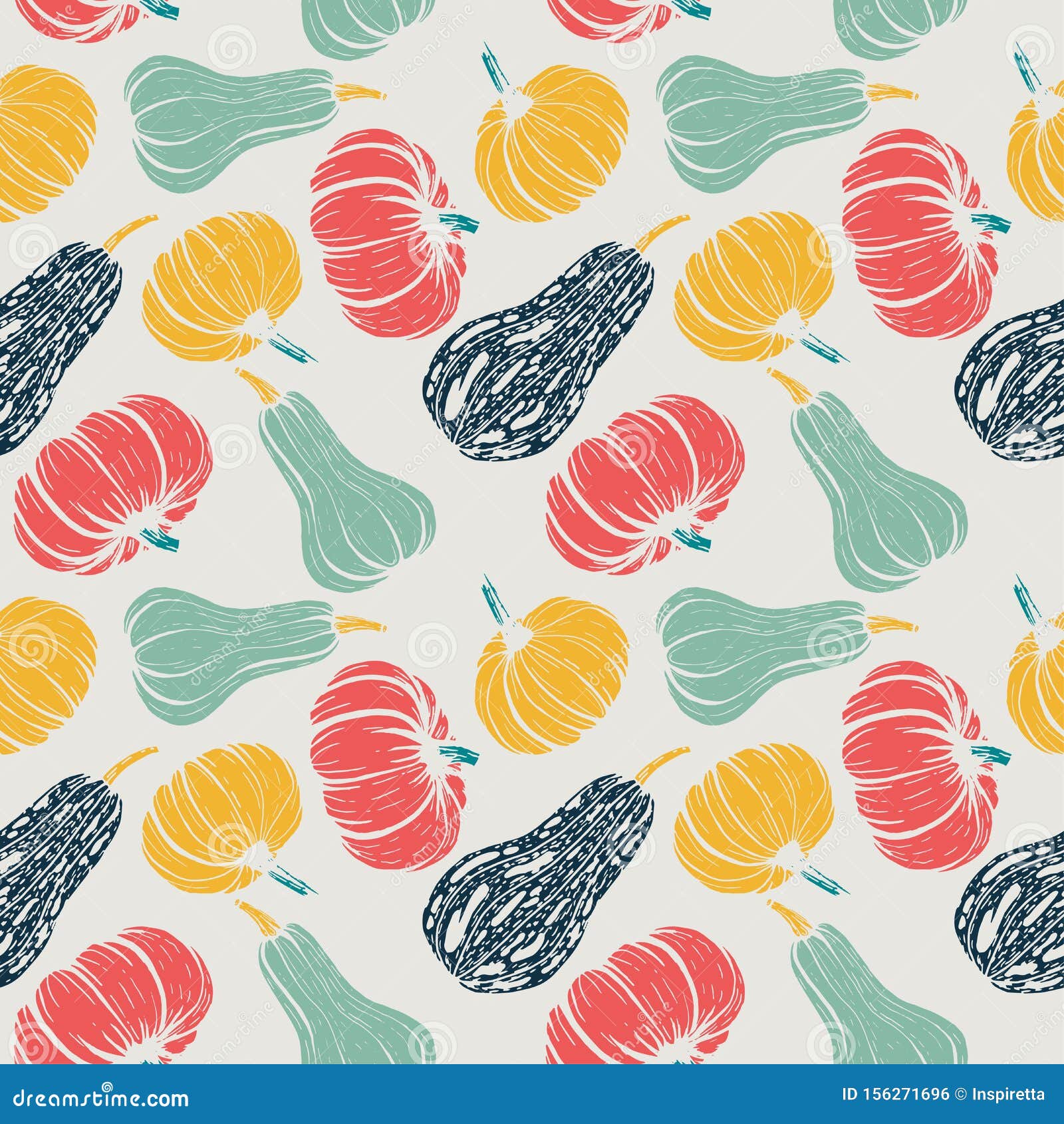 Autumn Pumpkins Seamless Pattern. Hand-drawn Bright Pumpkins of ...