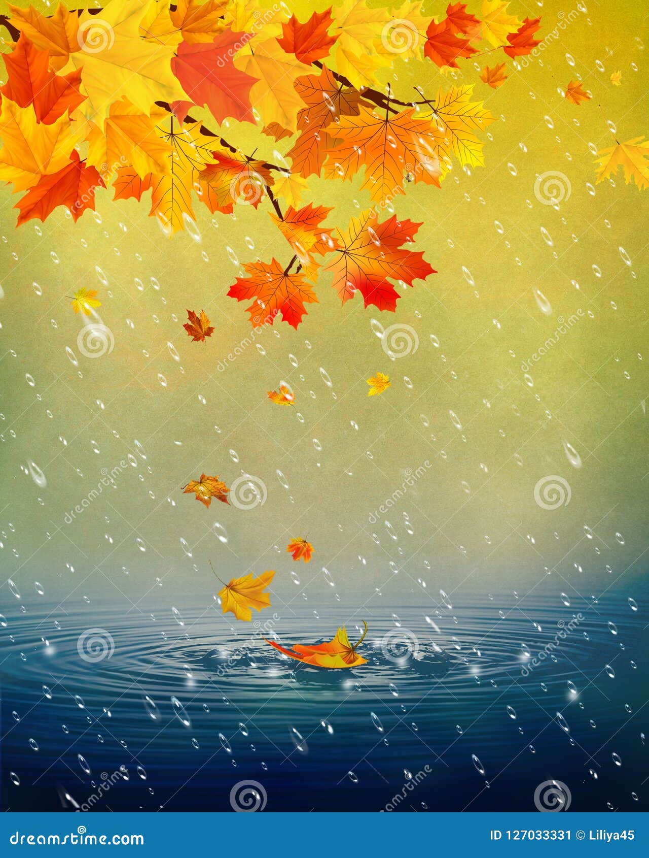 Autumn Rain with Fallen Leaves Stock Illustration - Illustration of ...