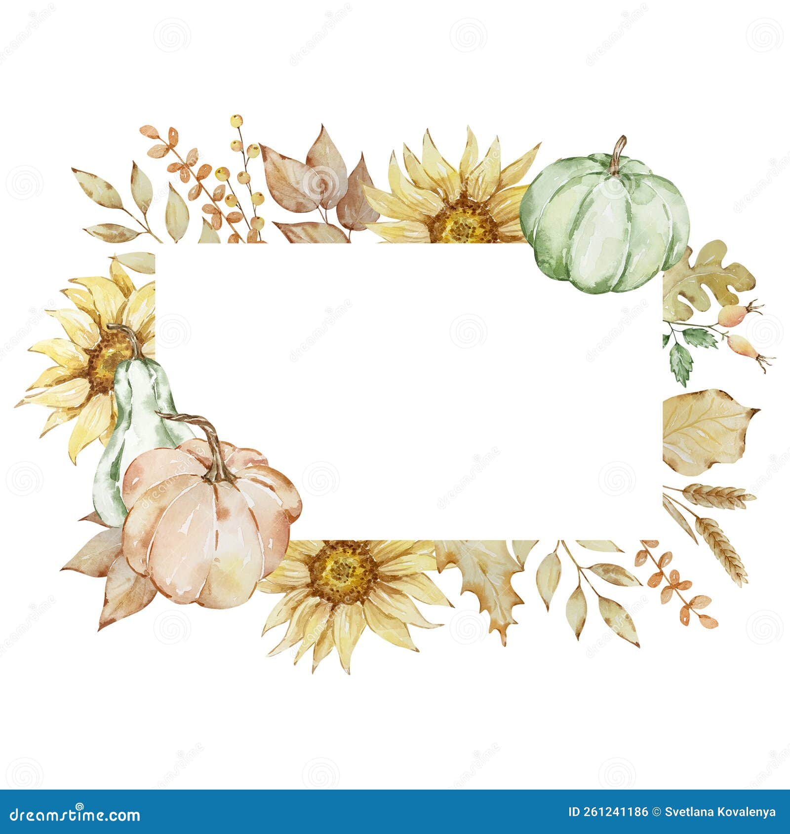 Autumn Rectangular Frame of Watercolor Pumpkins and Sunflowers Stock ...