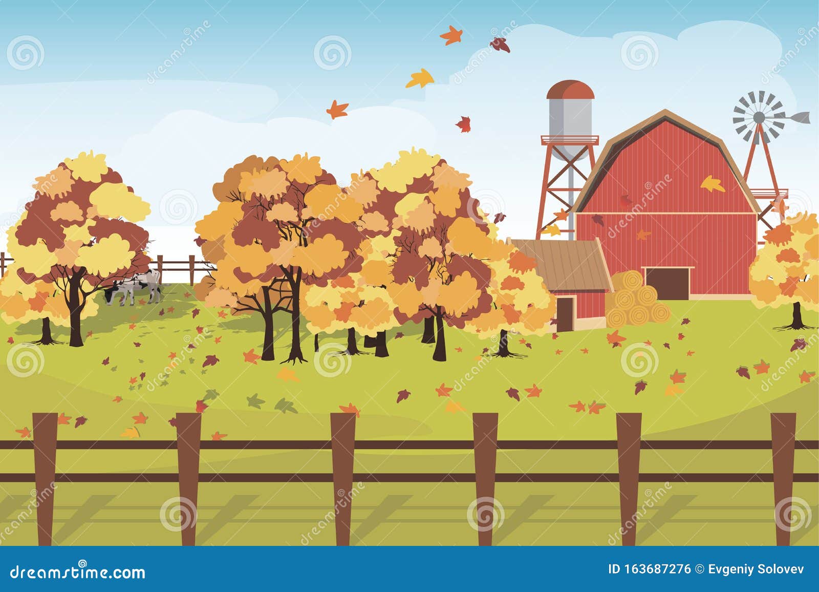 Autumn Red Farm on a Fenced Plot. Vector Illustration Stock Vector ...