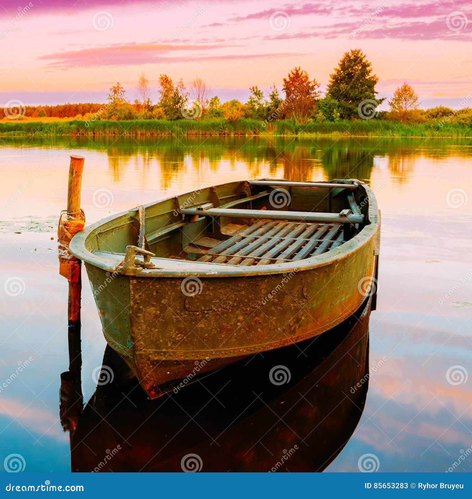 Autumn River or Lake and Old Green Rowing Boat Stock Image - Image of ...