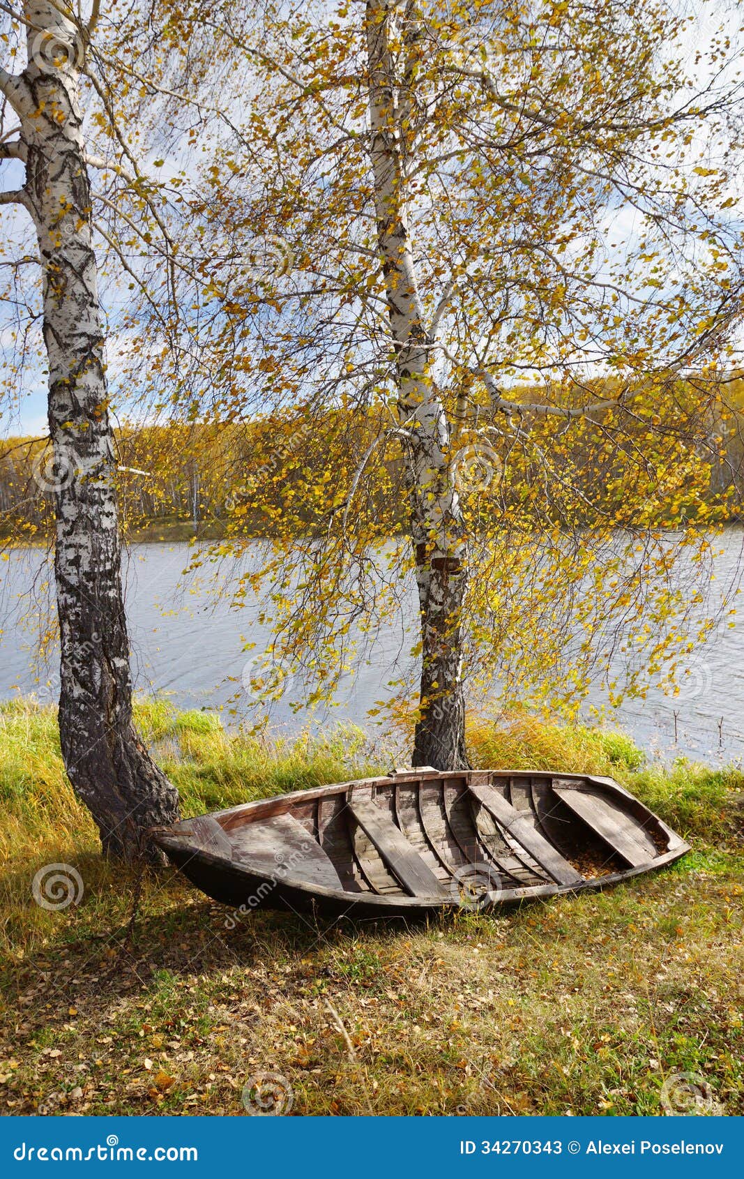 Autumn River with an Old Boat Stock Image - Image of nature, reflection ...