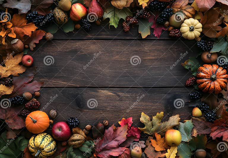 Autumn Rustic Wooden Background with Fall Elements Stock Illustration ...