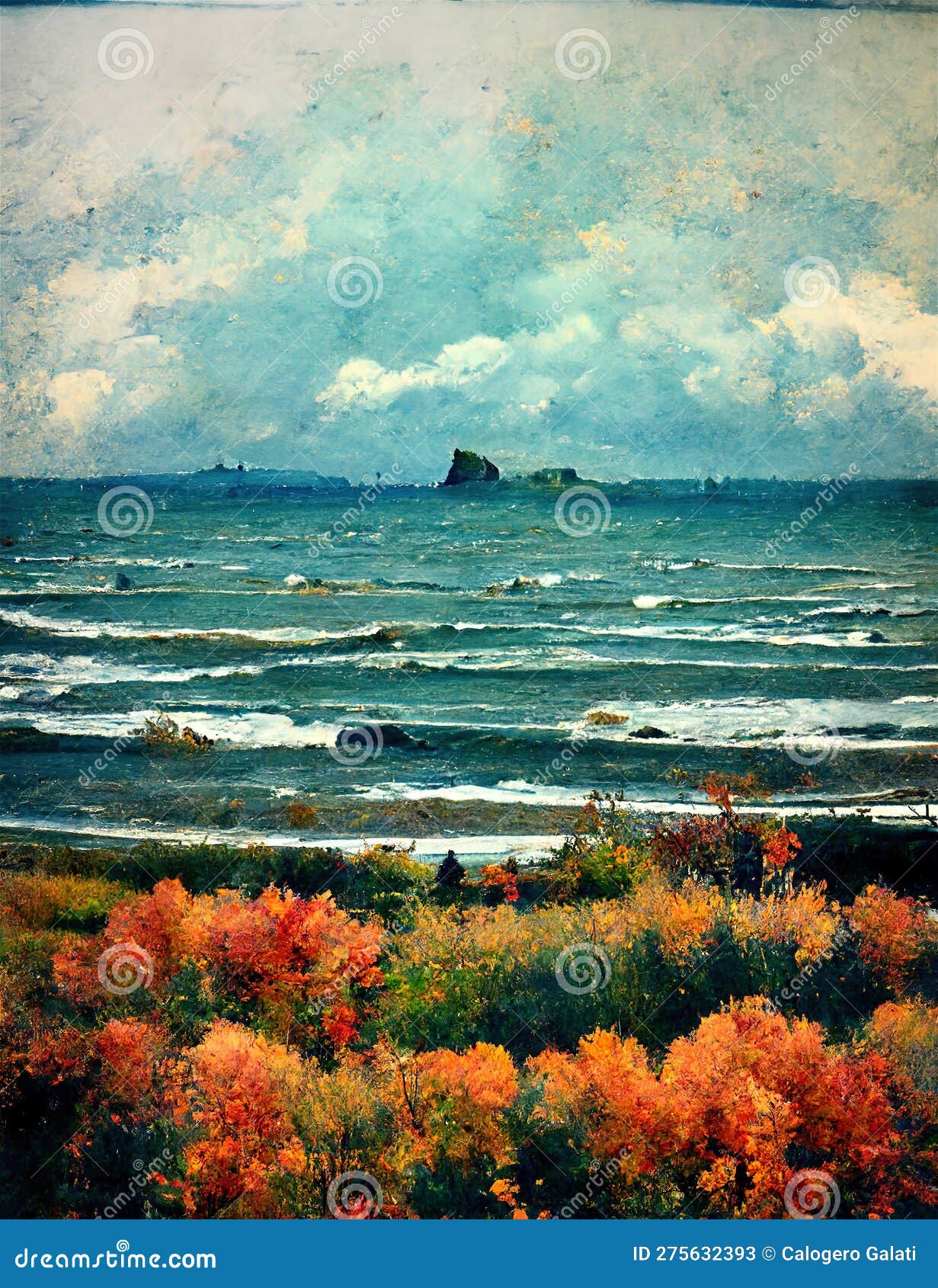 Autumn Scene at a Cold Beach, Waves Incoming, Ai Generated Image Stock ...