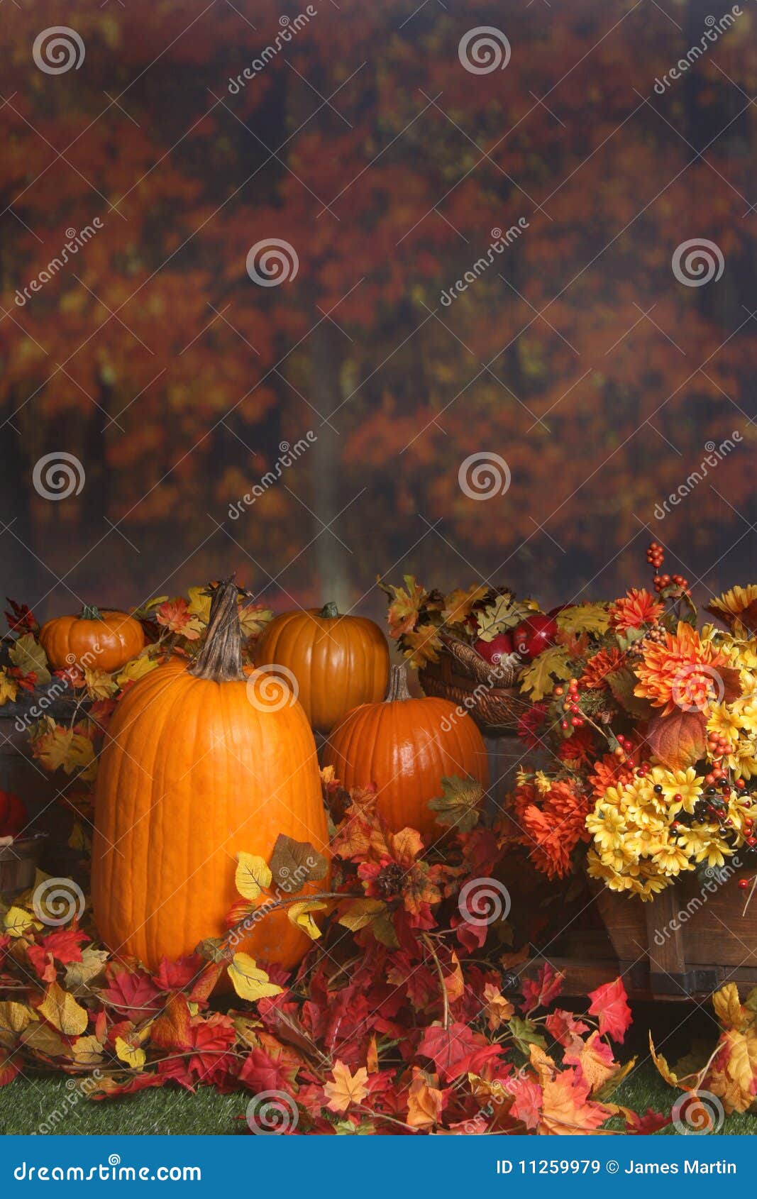 Autumn Scene with Pumpkins and Colored Leaves Stock Image - Image of ...