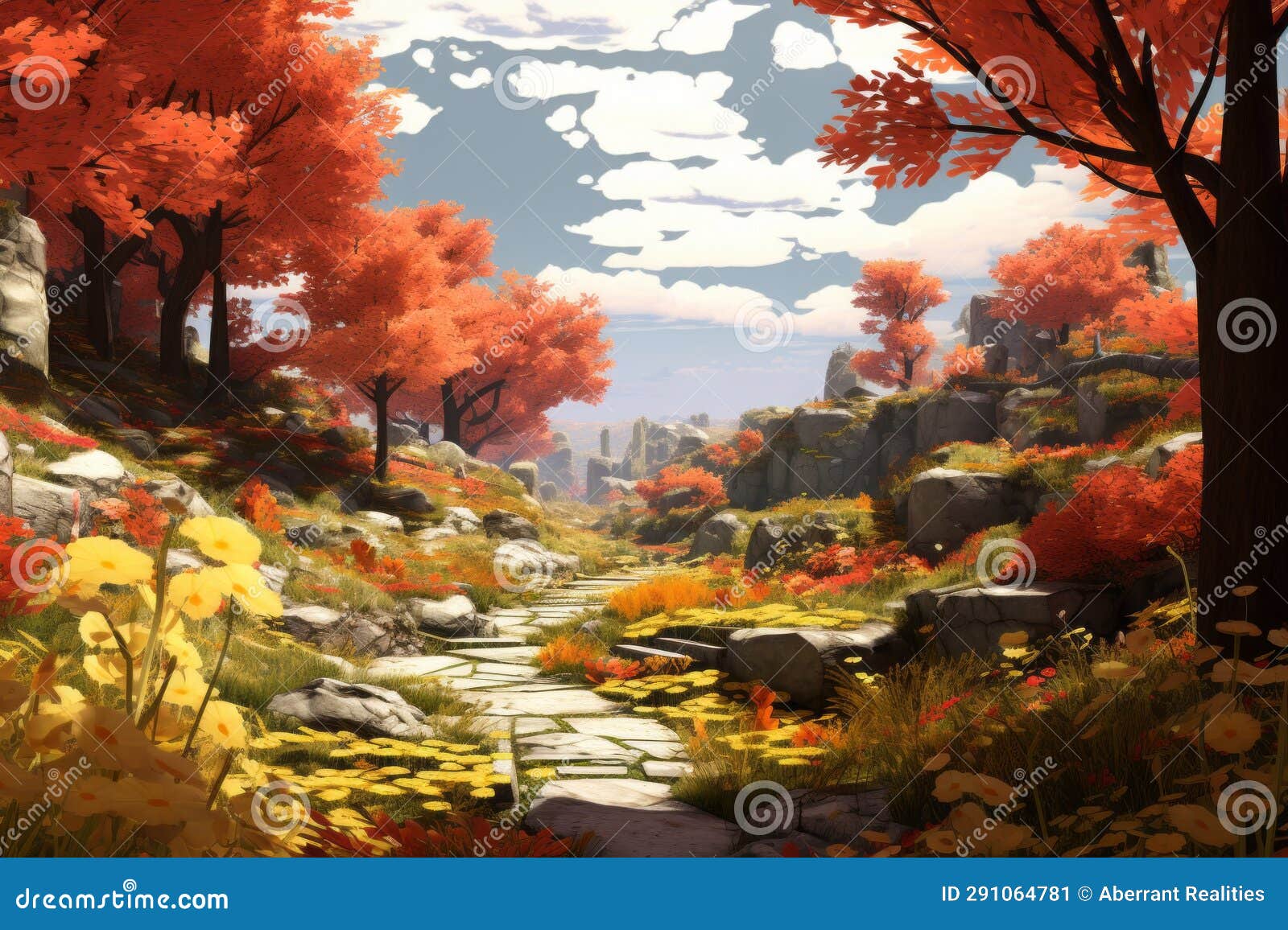 An Autumn Scene with Rocks and Trees in the Background Stock ...