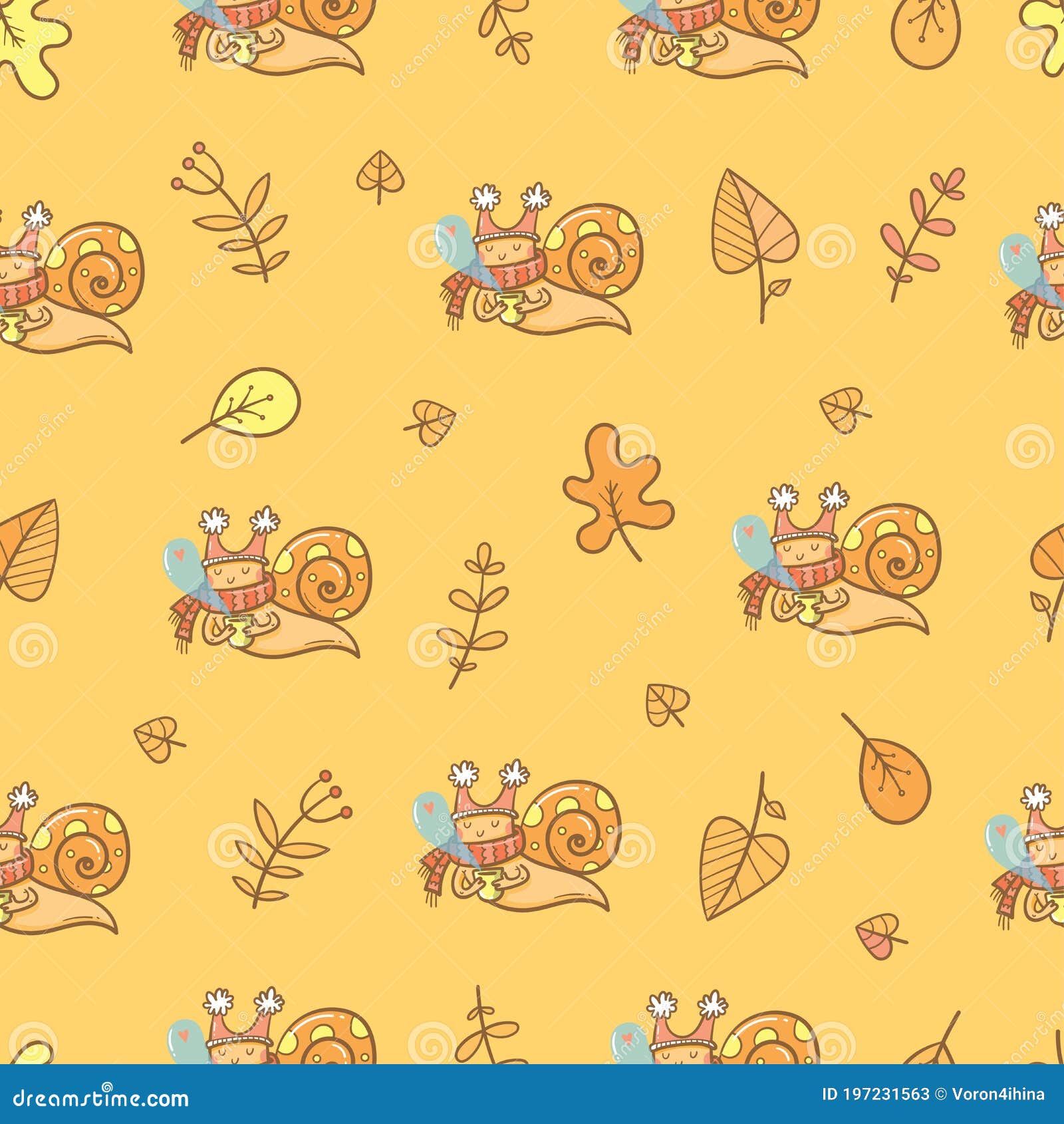 Autumn Seamless Pattern with Cute Cartoon Snails and Leaves. Stock ...