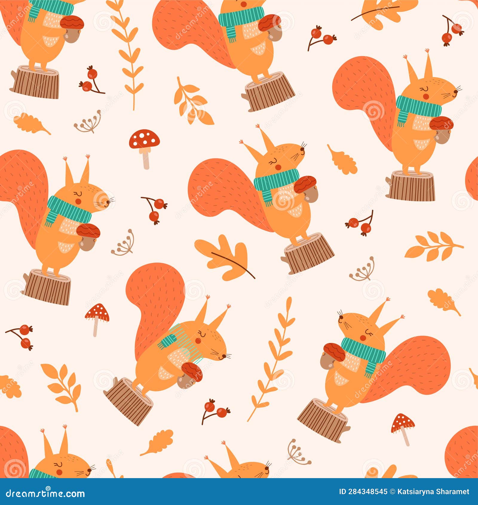 Autumn Seamless Pattern with Cute Squirrel, Leaves, Acorn, Mushrooms ...