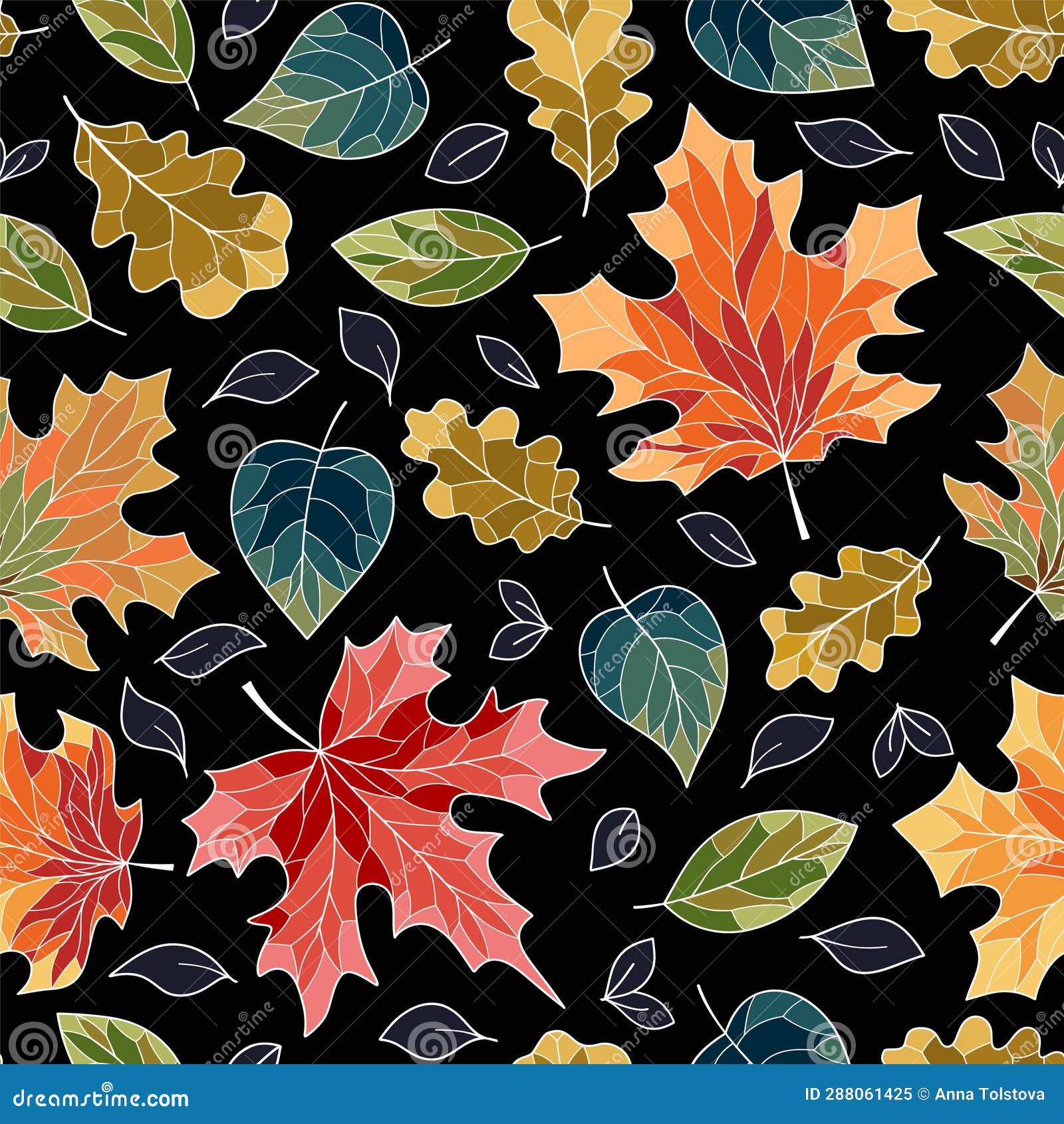 Autumn Seamless Pattern, Leaf Fall on a Black Background. Stock Vector ...