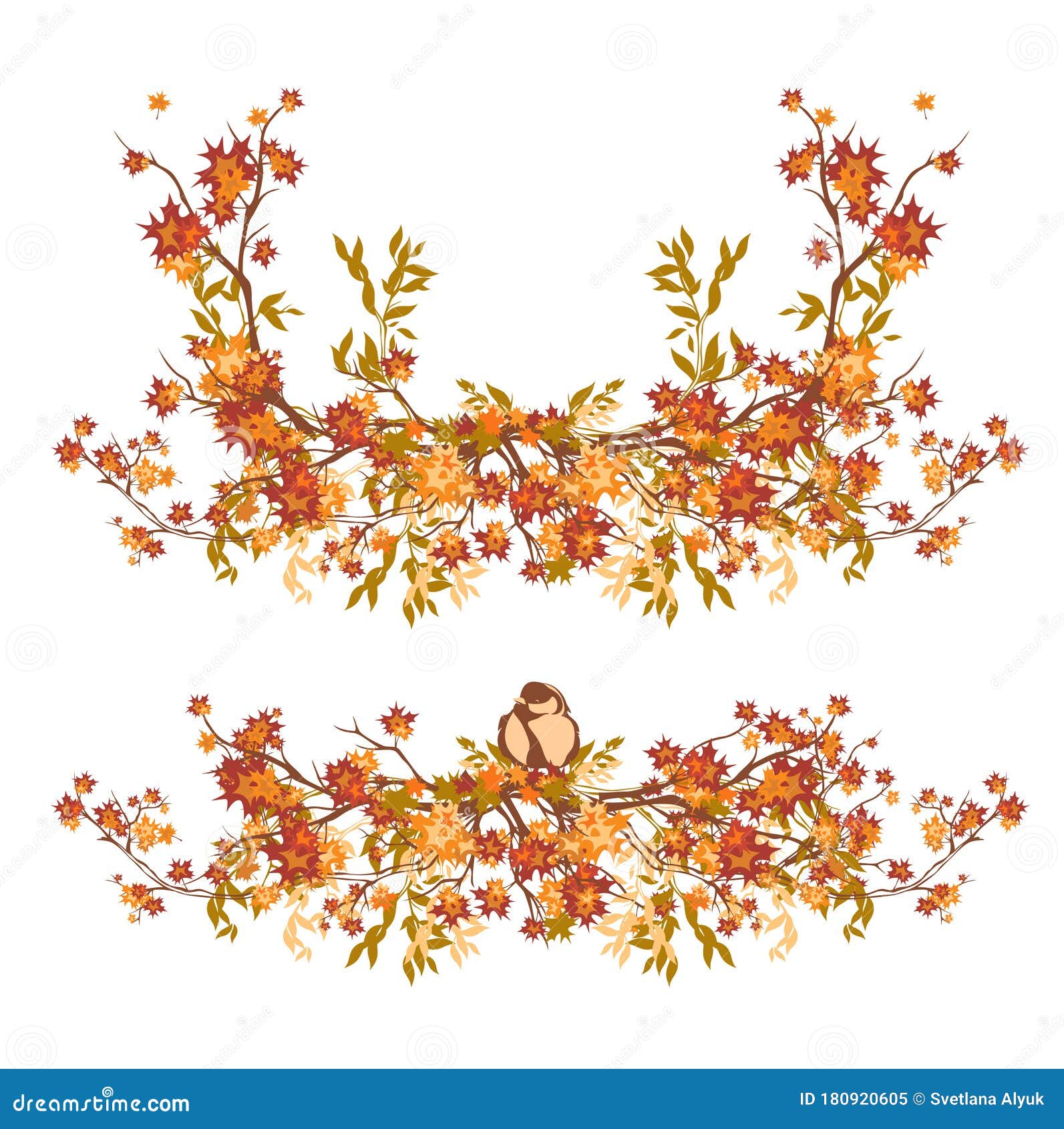 Autumn Season Tree Branches with Sitting Bird Vector Design Set Stock ...