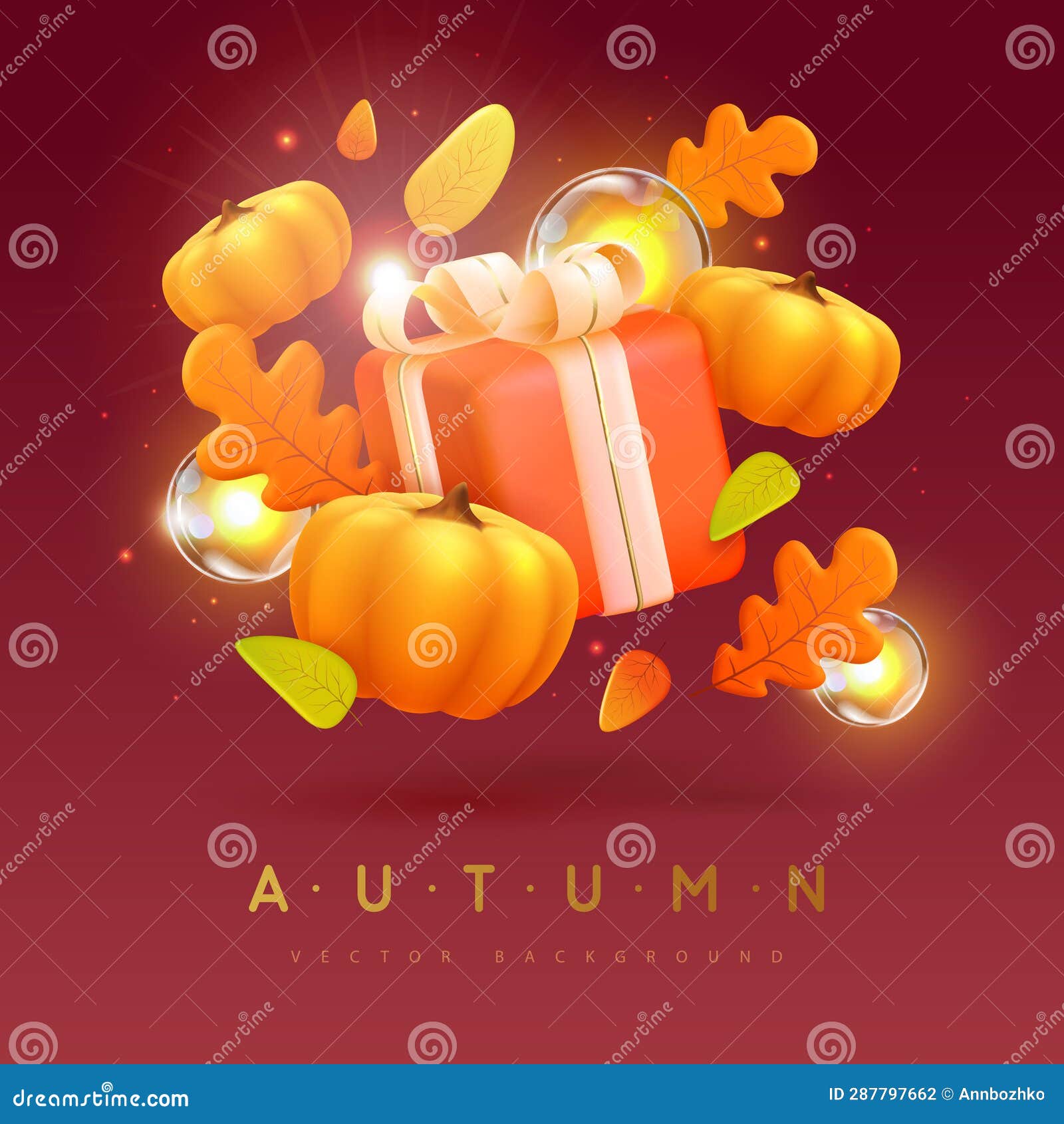 Autumn Seasonal Background With 3d T Box Pumpkins And Falling