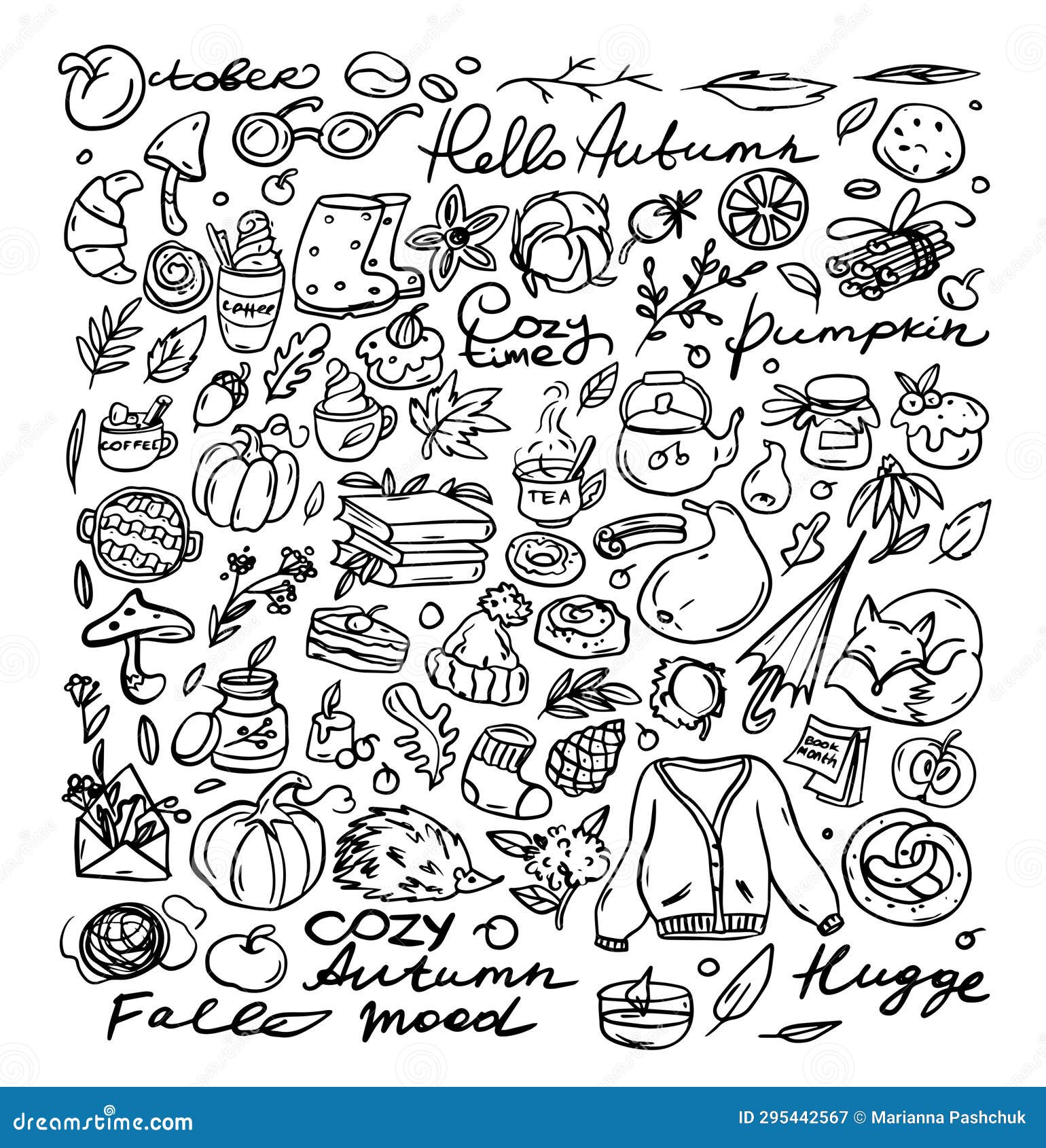 Autumn Set with Hand Drawn Elements. Calligraphy, Fall Leaves, Animals ...