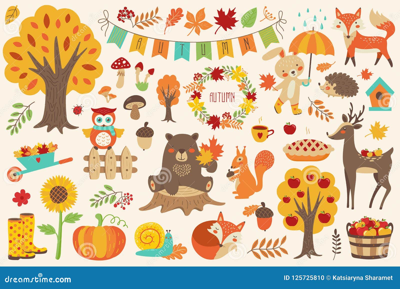 Autumn Animals Vector Illustration Set, Cartoon Hand Drawn Autumnal ...