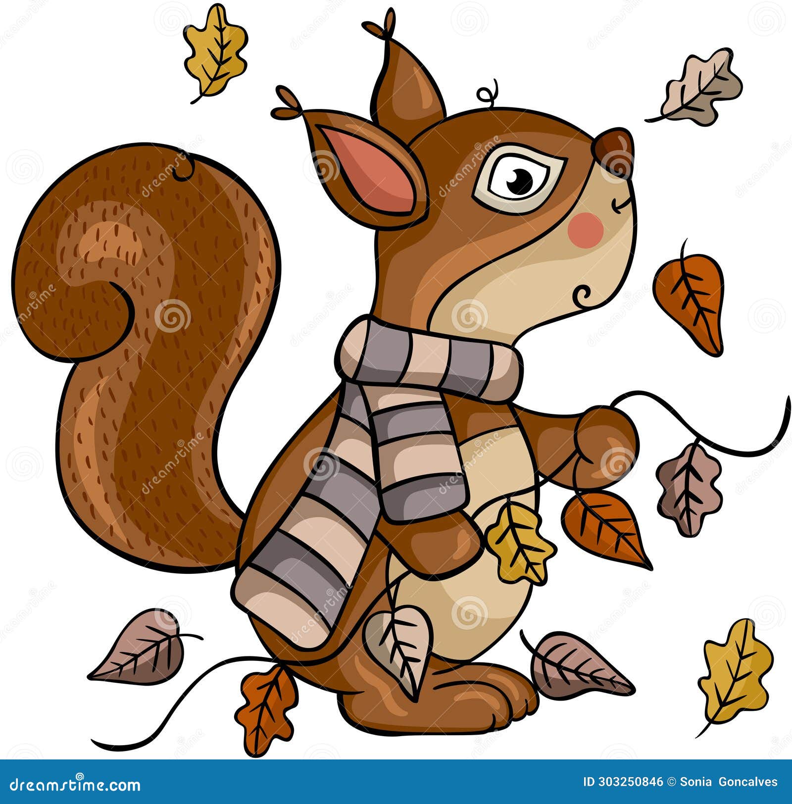 Autumn Squirrel with Fall Leaves in Doodle Style Stock Vector ...