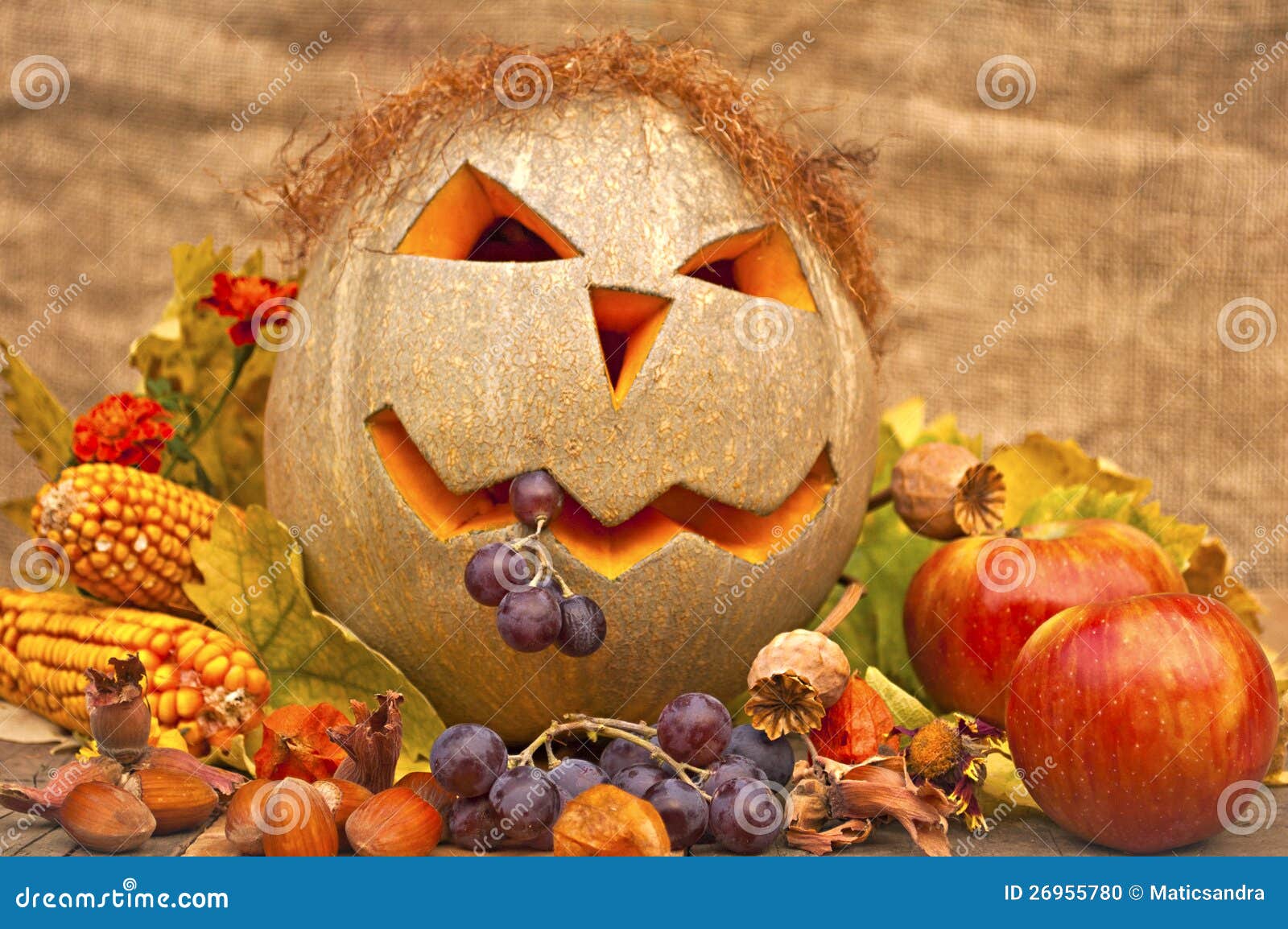 Autumn Still-life with Funny Pumpkin Stock Photo - Image of leaf ...