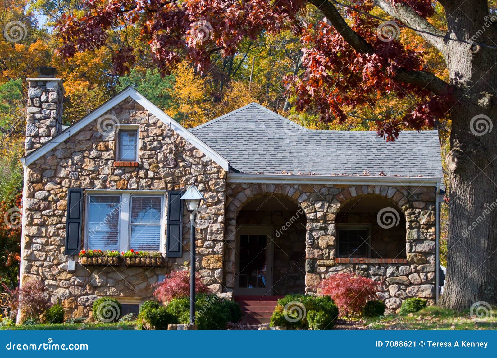 Autumn Stone Home stock image. Image of pretty, front - 7088621
