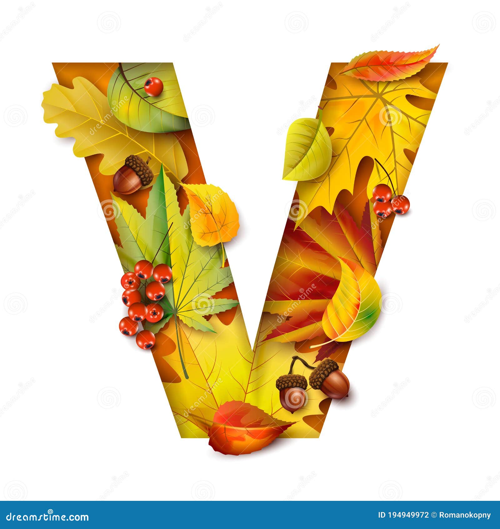 Autumn Stylized Alphabet with Foliage. Letter V Stock Vector ...