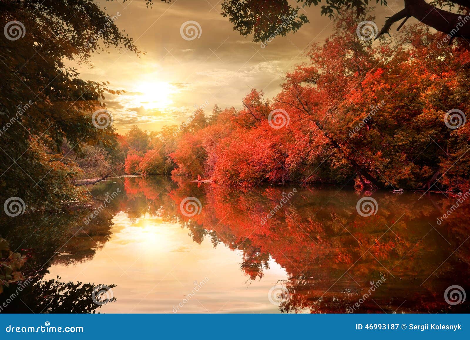 Autumn sunset over river stock image. Image of sunrise - 46993187