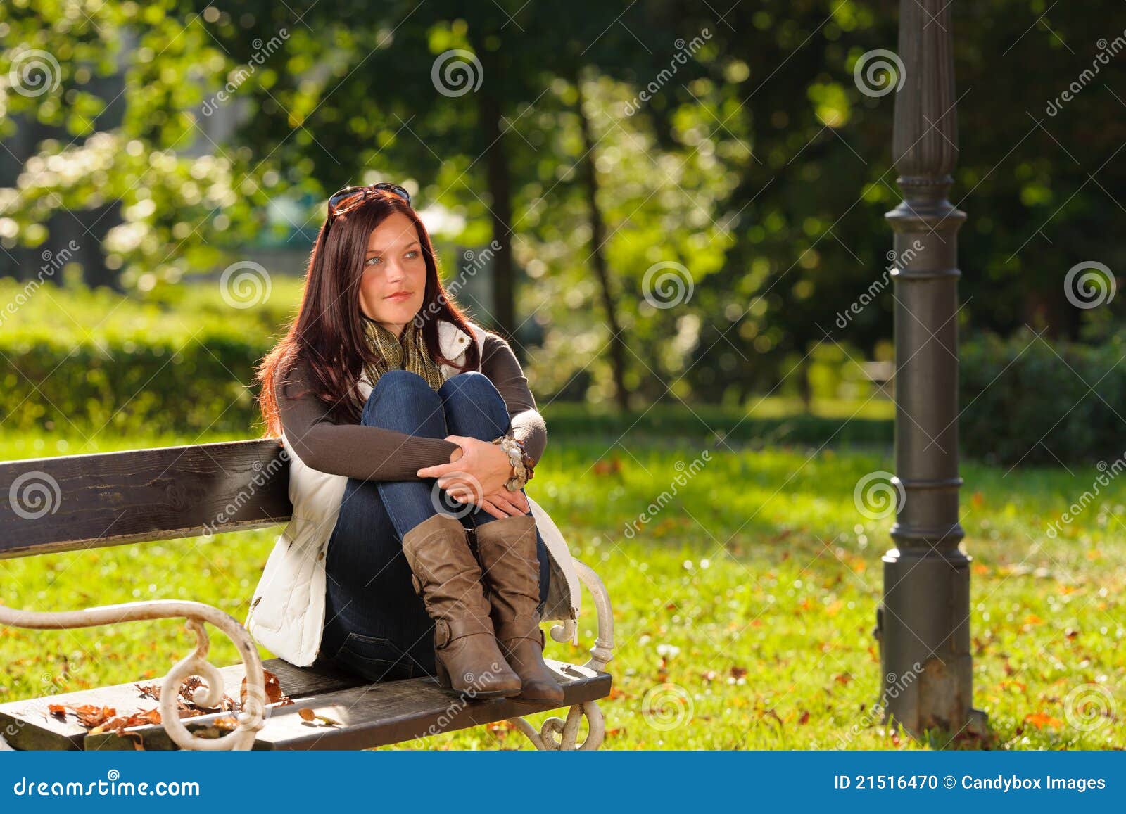 Autumn Sunset Park Woman Sitting on Bench Stock Photo - Image of ...