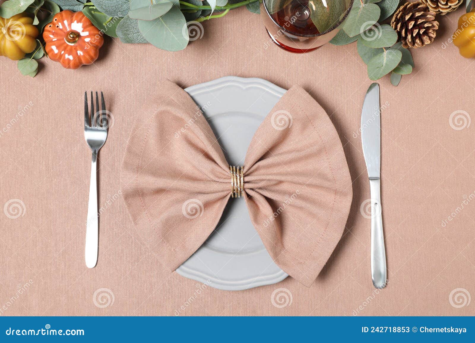 Autumn Table Setting with Eucalyptus Branches and Pumpkins, Flat Lay ...