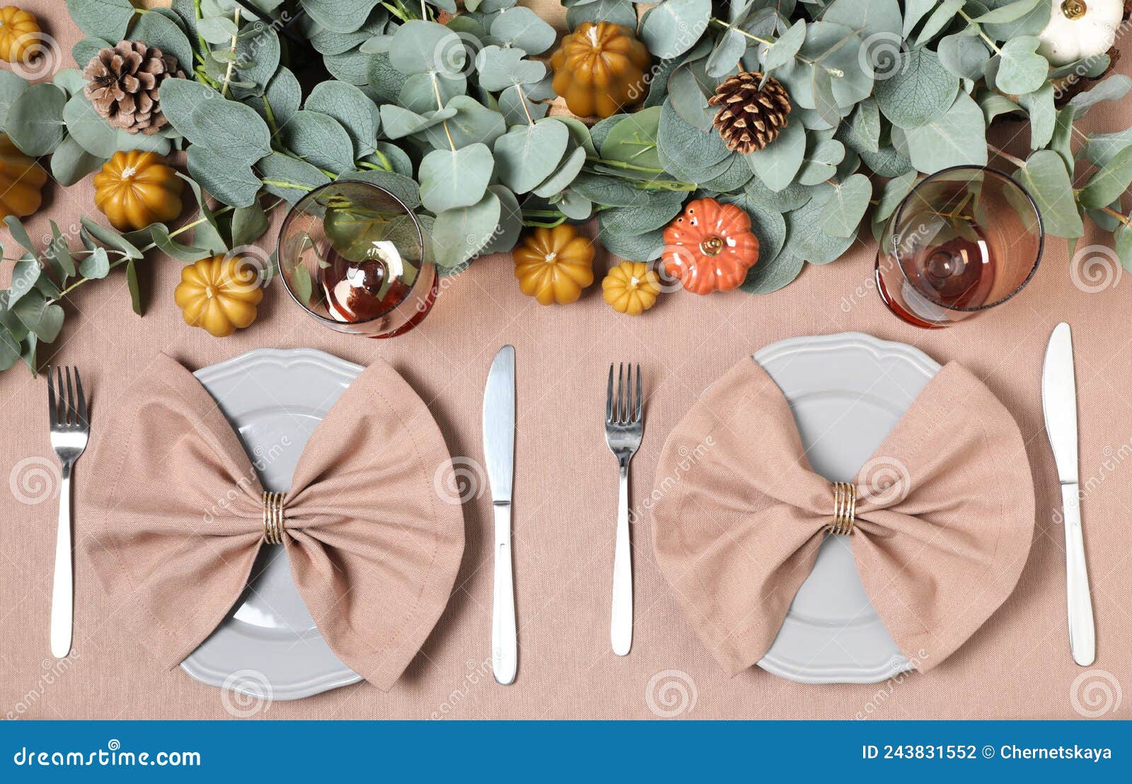 Autumn Table Setting with Eucalyptus Branches and Pumpkins, Flat Lay ...