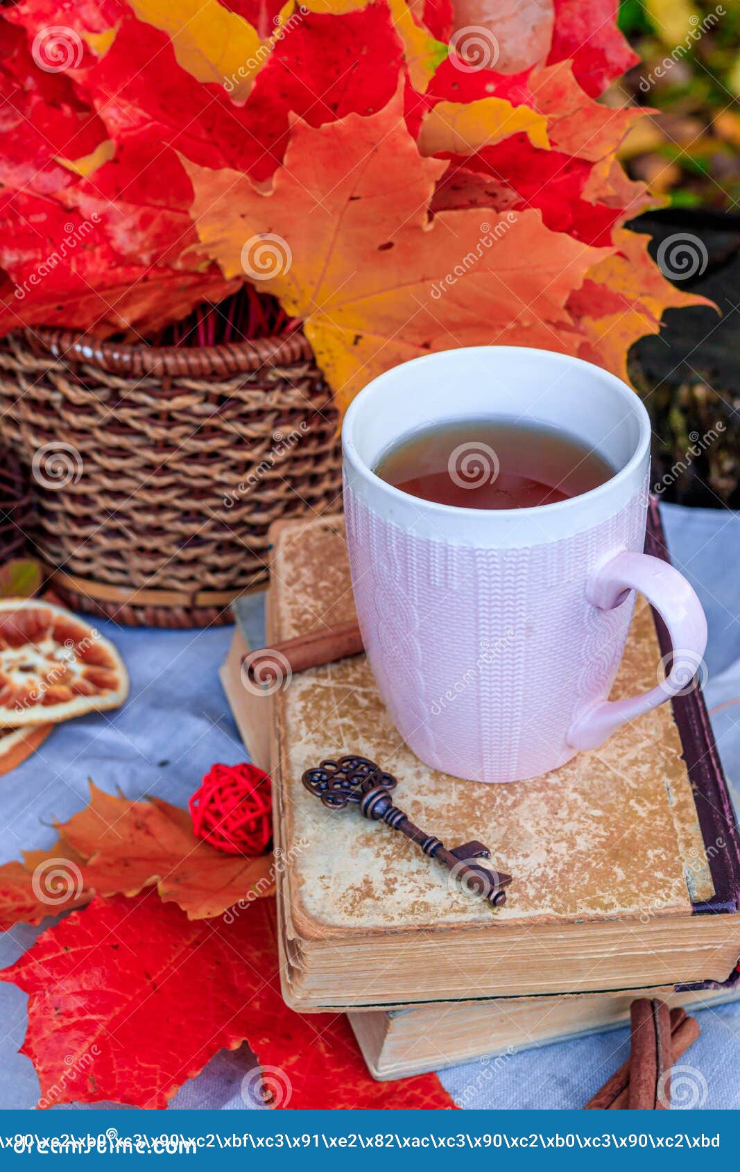 Autumn Tea Party. Cup with Tea and Maple Leaves Stock Image - Image of ...