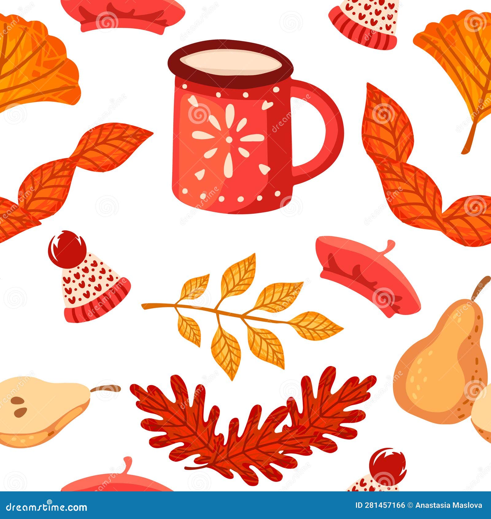 Autumn Theme Seamless Pattern with Red Mug Hat and Leaves Vector ...