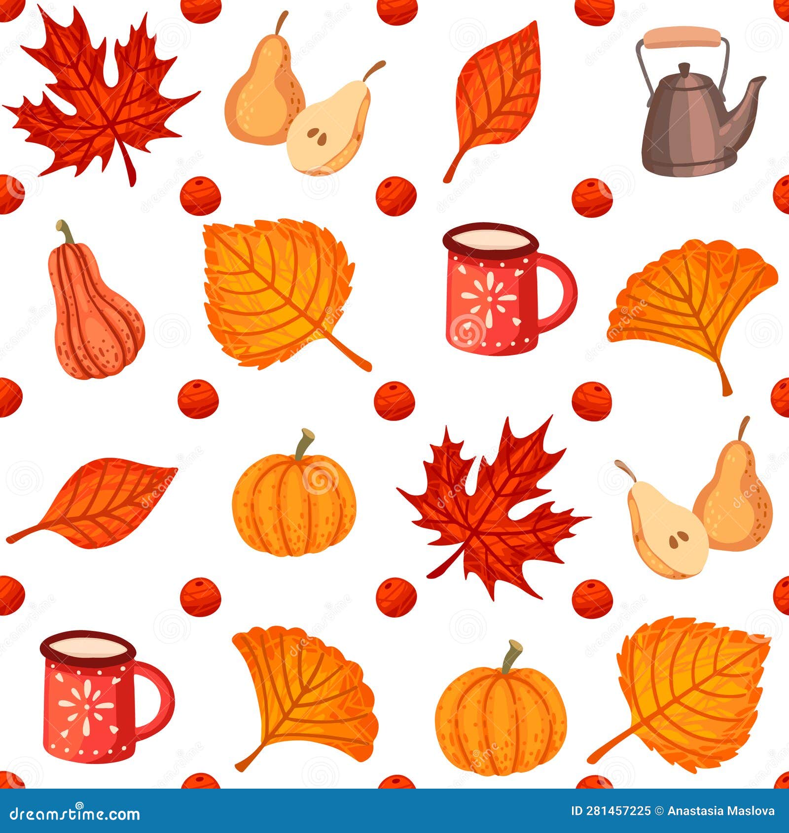 Autumn Theme Seamless Pattern with Red Mug and Leaves Vector ...