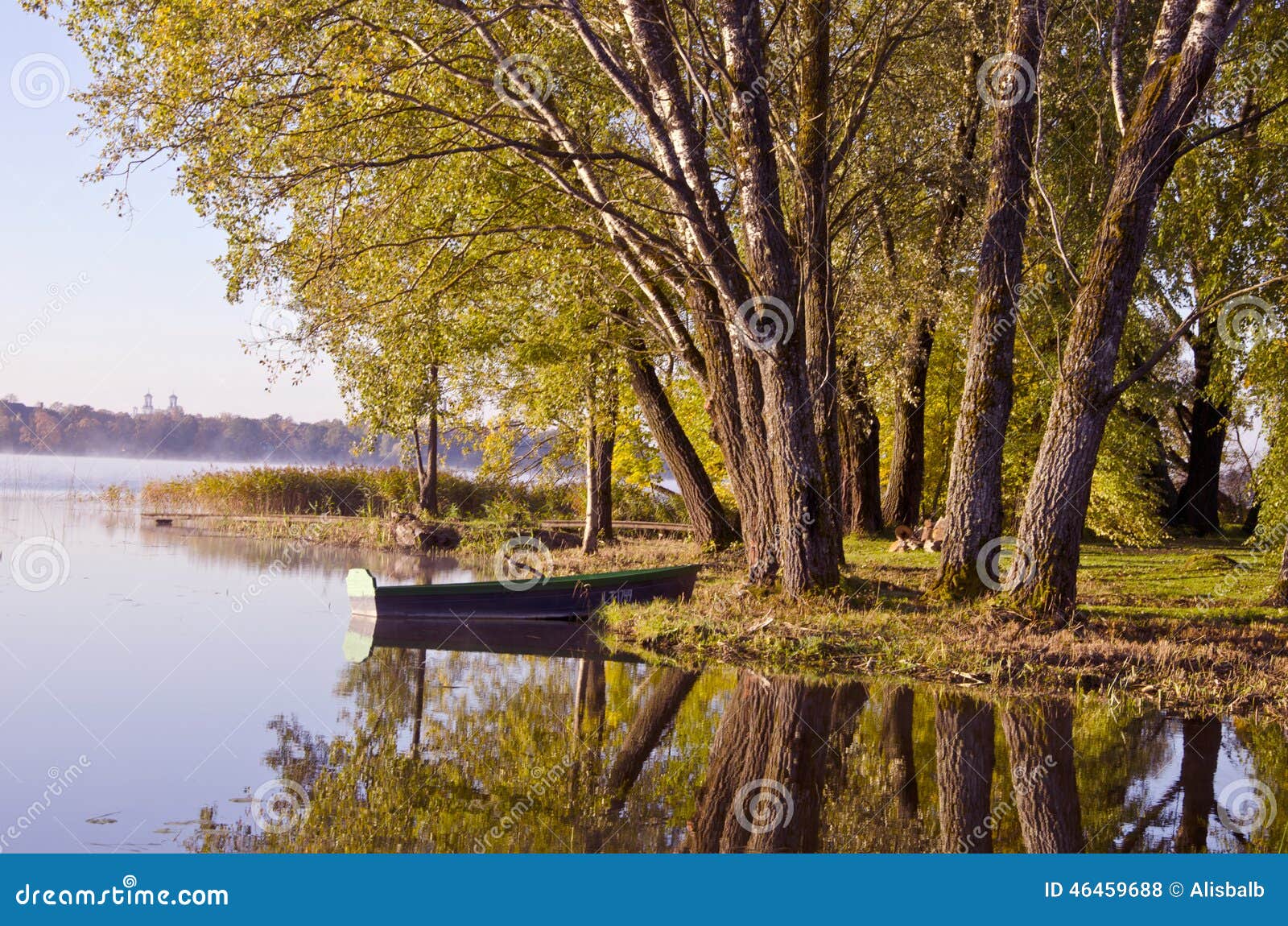 Autumn Time Lake Landscape with Boat and Tree Stock Photo - Image of ...