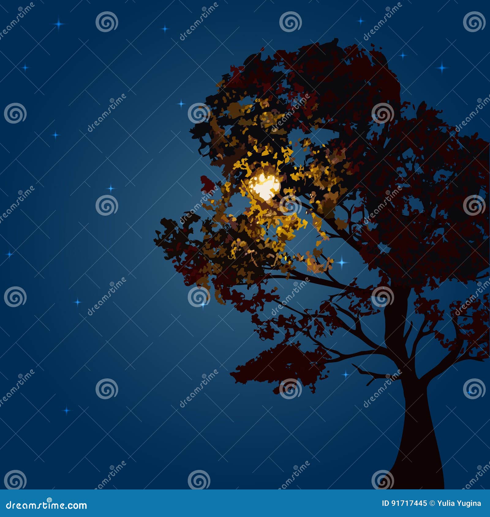 Autumn Tree on a Background Lunar Night and the Starry Sky. Stock ...