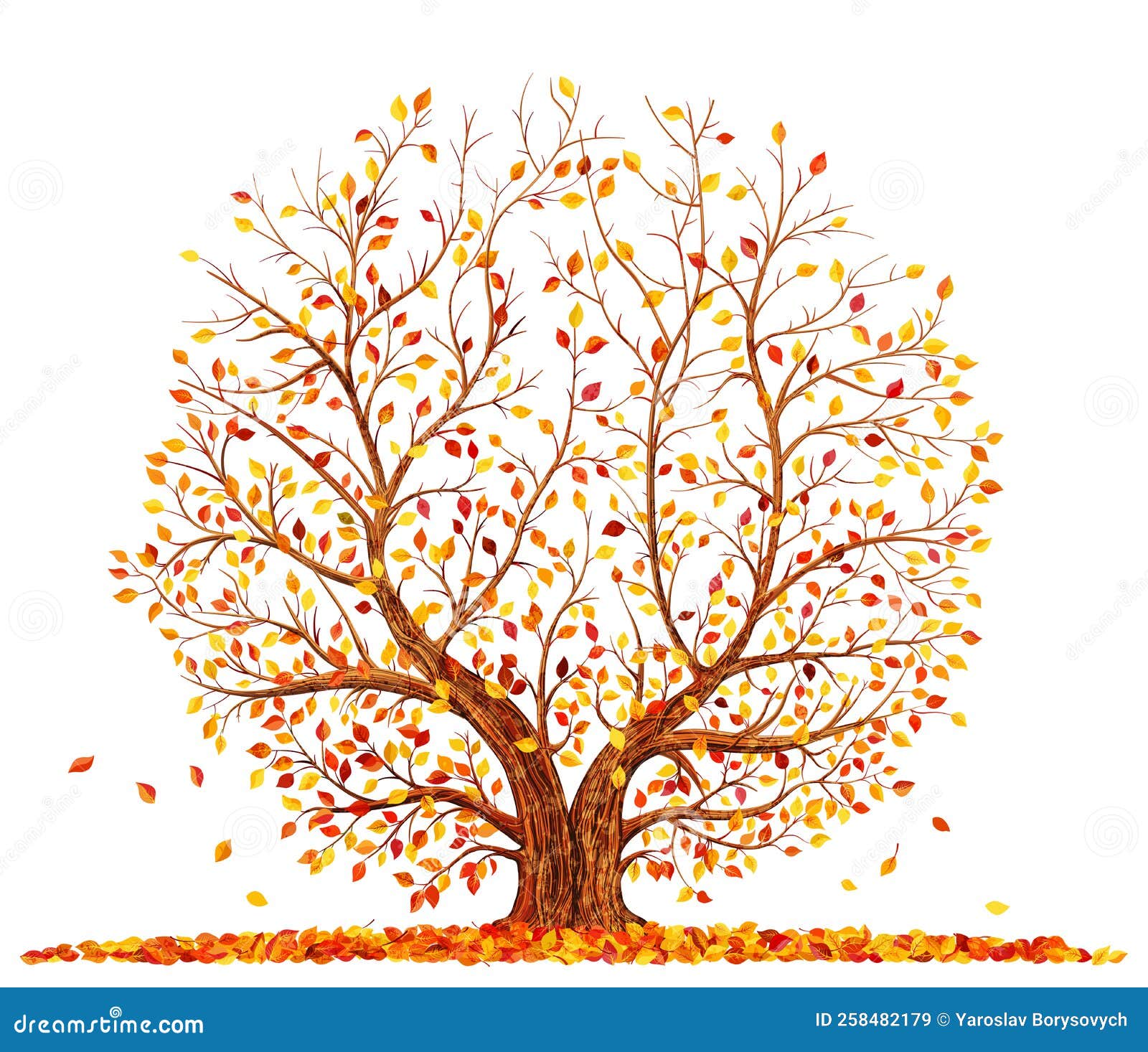 Autumn Tree with Falling Leaves Isolated on White Background Vector ...