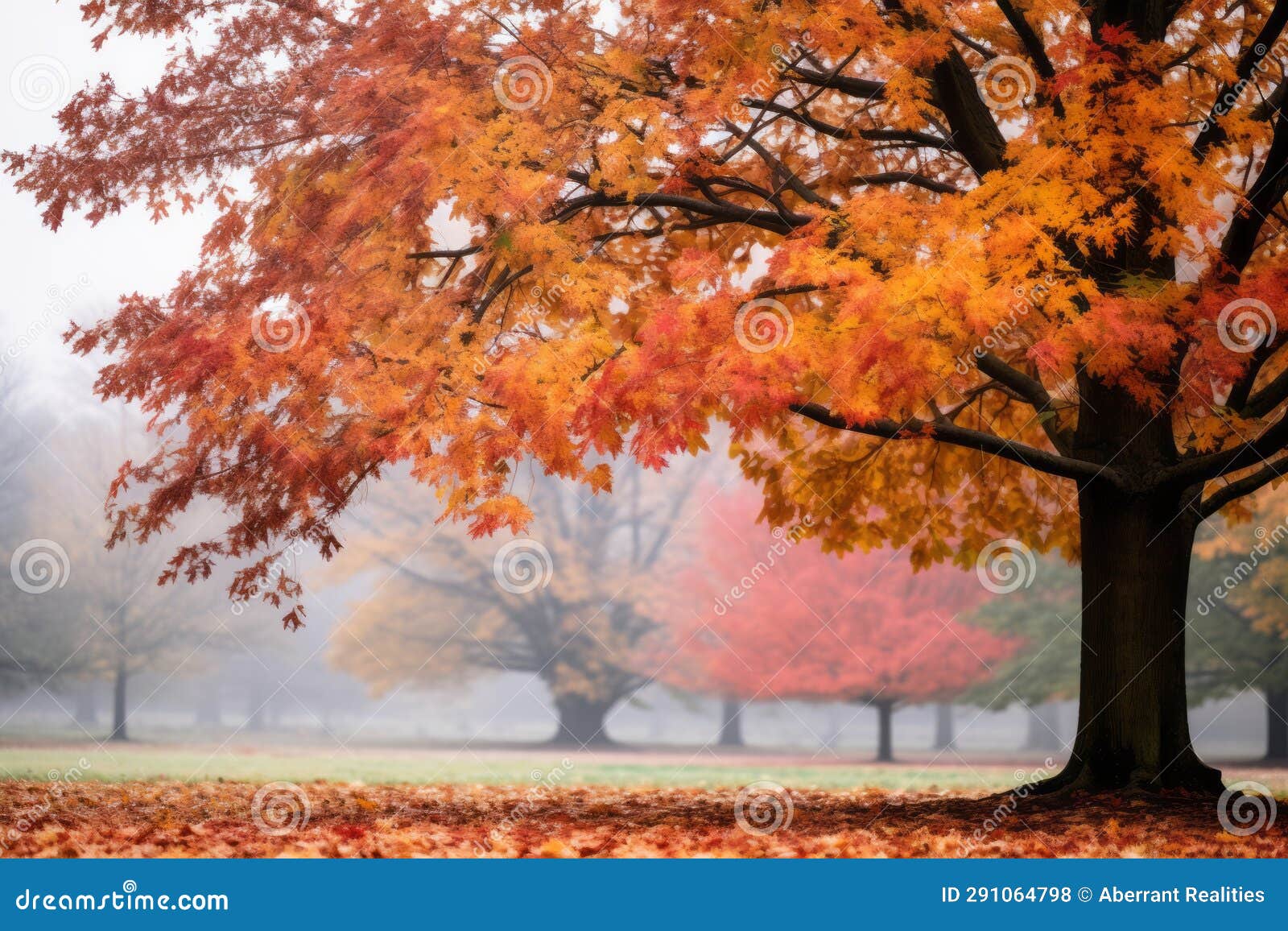 An Autumn Tree in the Fog with Leaves on the Ground Stock Illustration ...