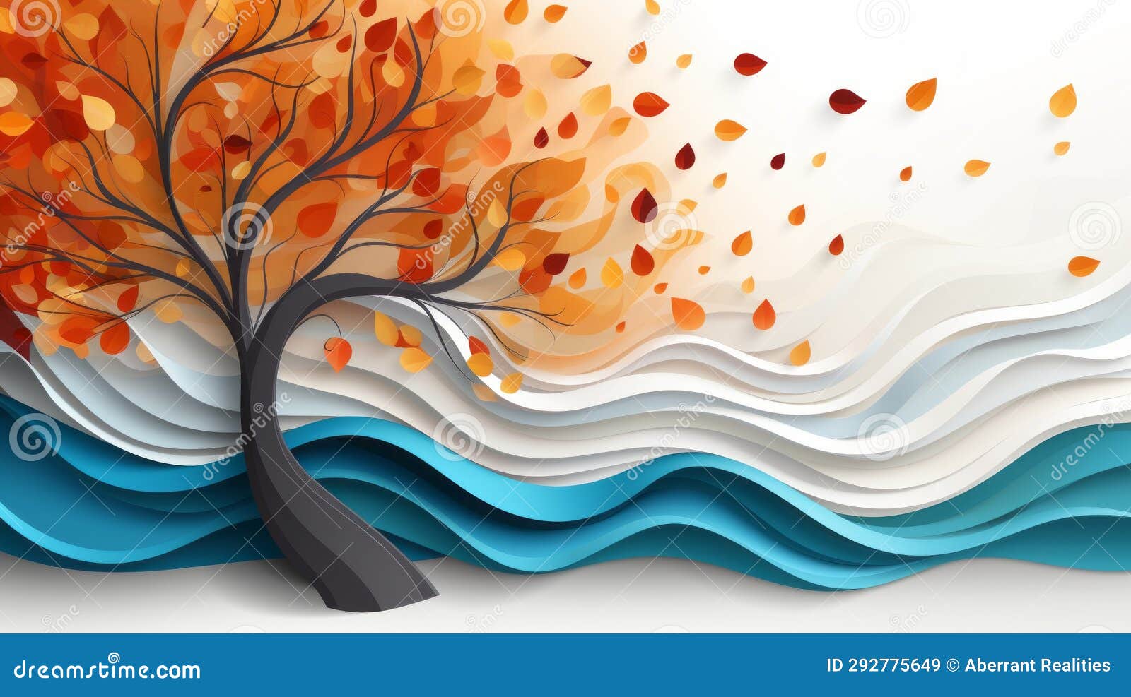 Autumn Tree with Autumn Leaves and Waves Paper Art Style Vector ...