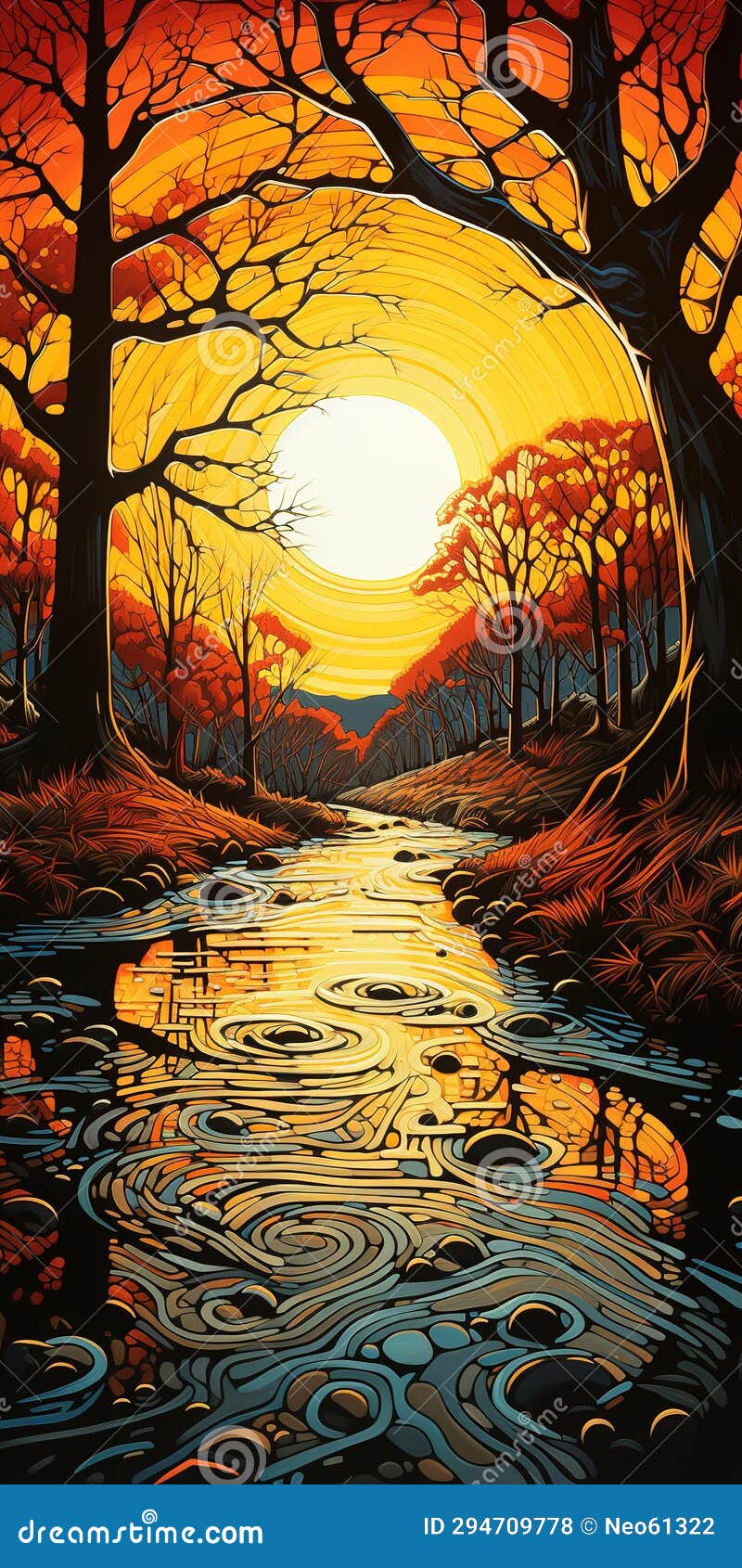 Autumn Tree Line with Sunset Ancient Trees Fallen Leaves Generative AI ...