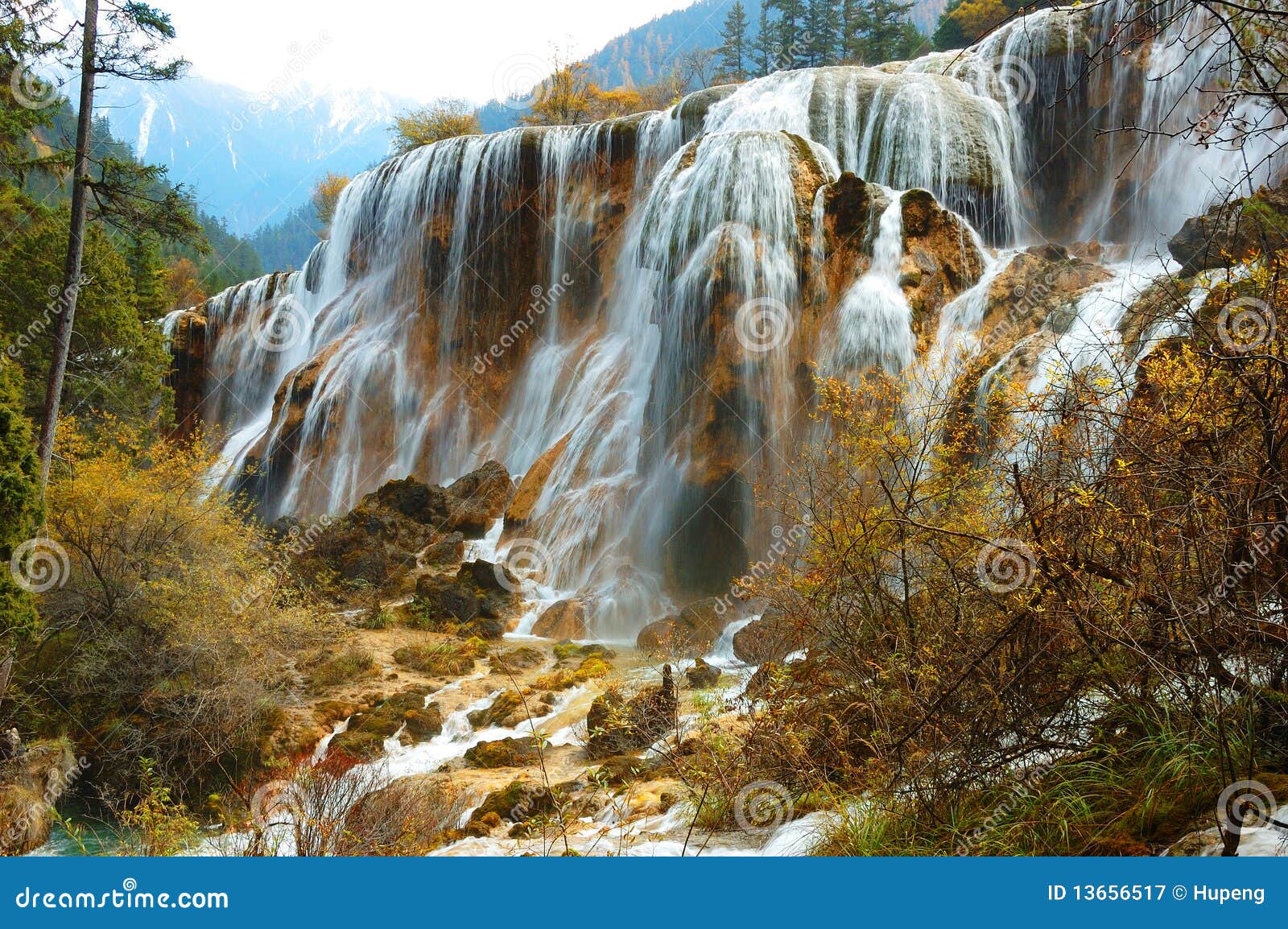 Autumn tree and waterfall stock image. Image of mountain - 13656517