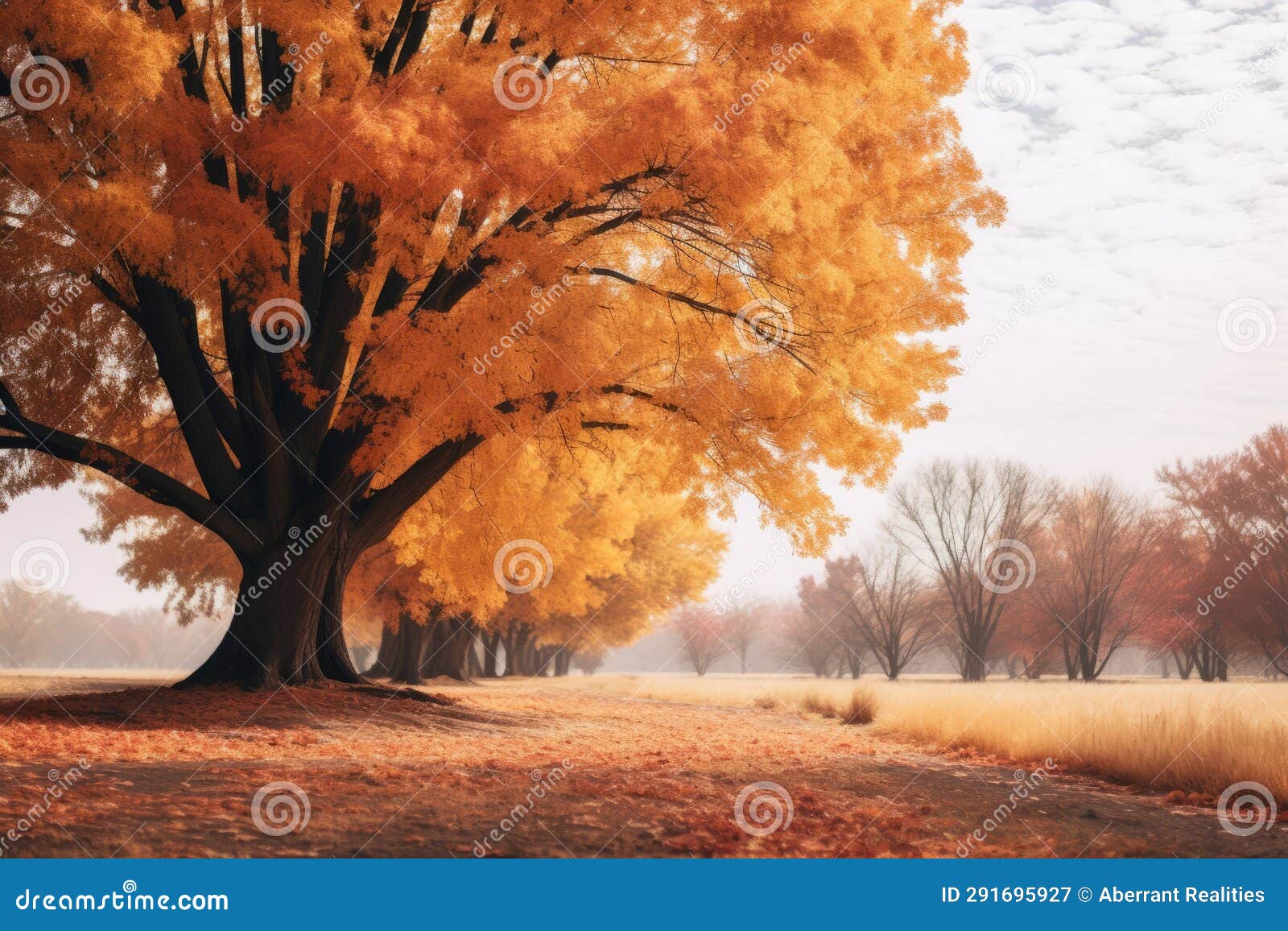 Autumn Trees in a Field with Fog in the Background Stock Illustration ...
